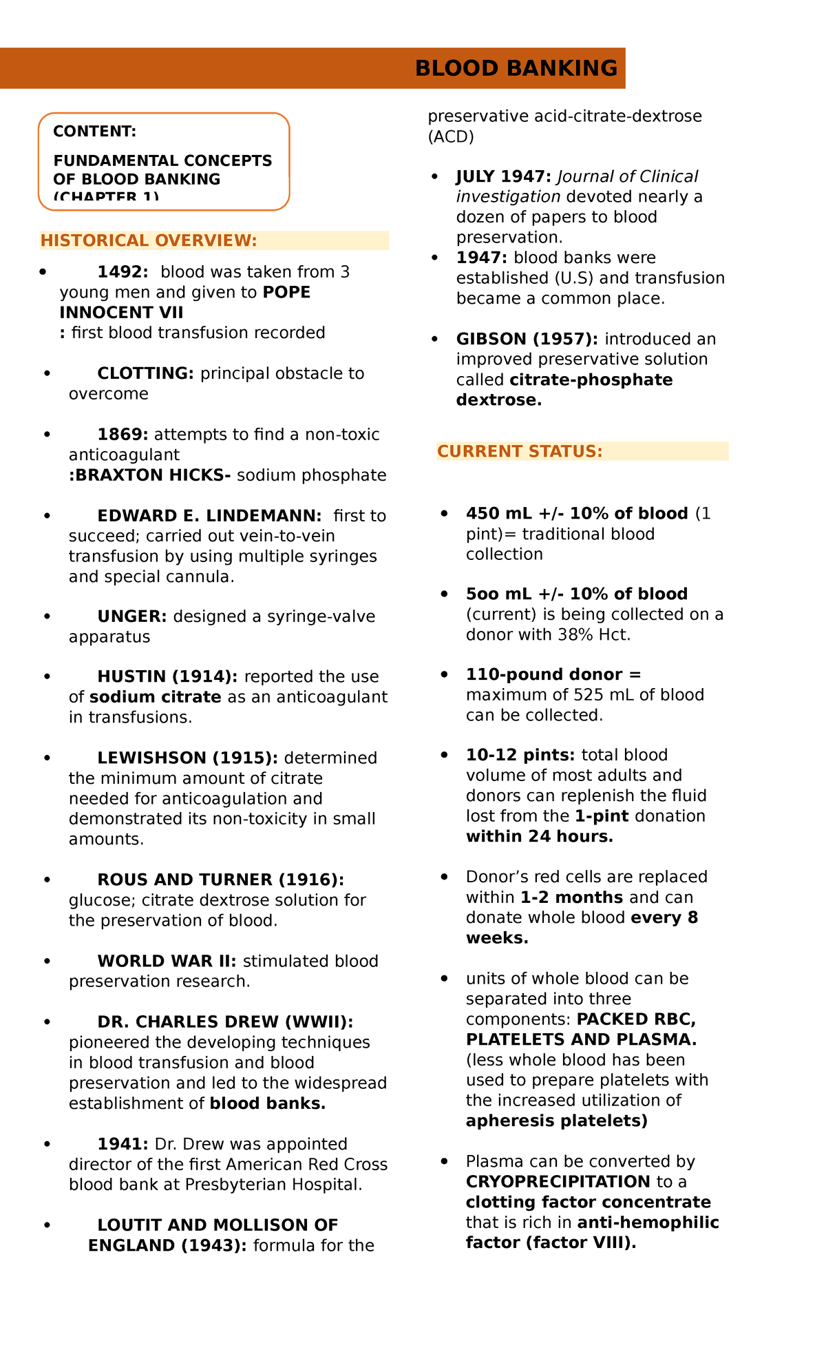 Blood Banking and Transfusion Chapter 1 Notes Denise Harmening 7th ...