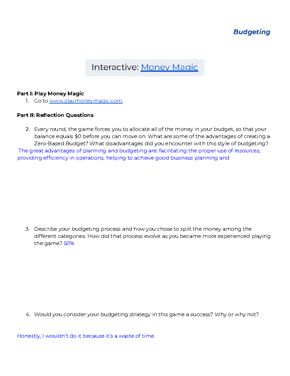 Budgeting: Money Magic Game Reflection and Strategies - Budgeting ...