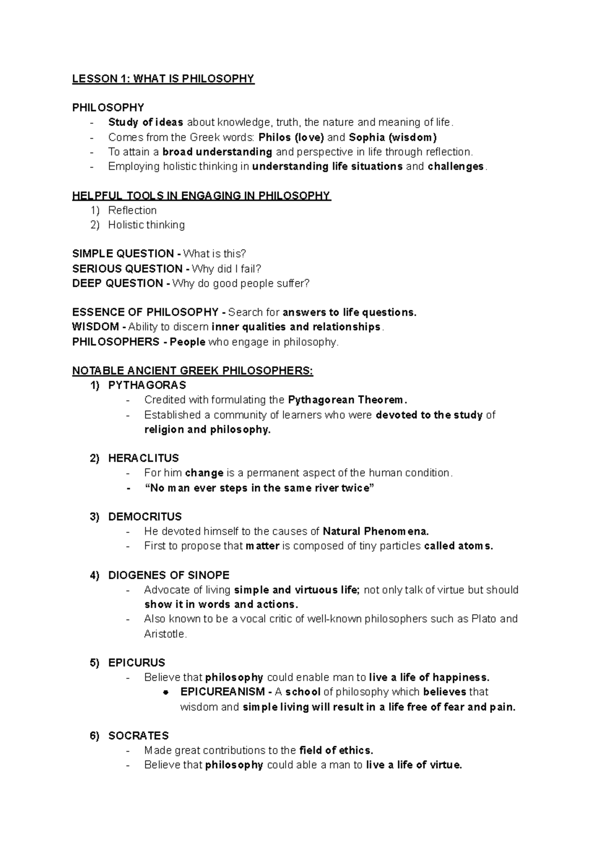 Philosophy Reviewer - LESSON 1: WHAT IS PHILOSOPHY PHILOSOPHY Study of ...