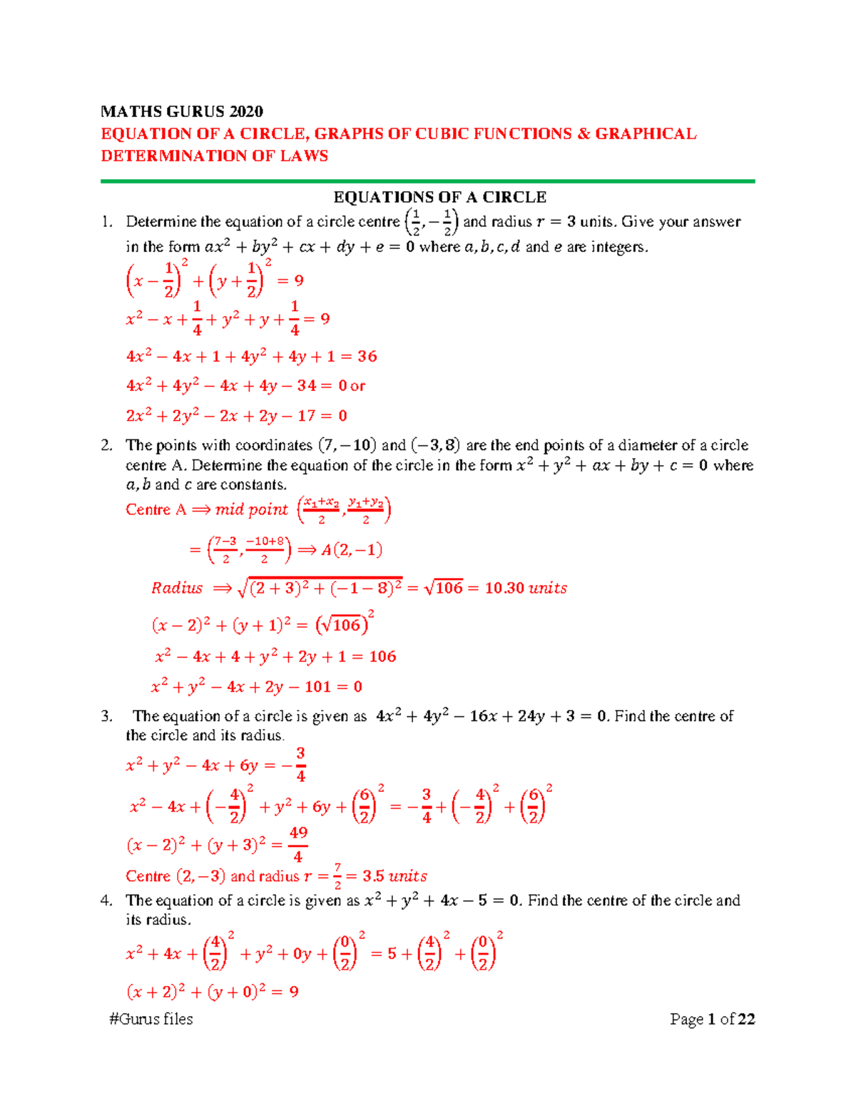 3.16 Equations of a circle MS - MATHS GURUS 2020 EQUATION OF A CIRCLE, GRAPHS OF CUBIC FUNCTIONS ...