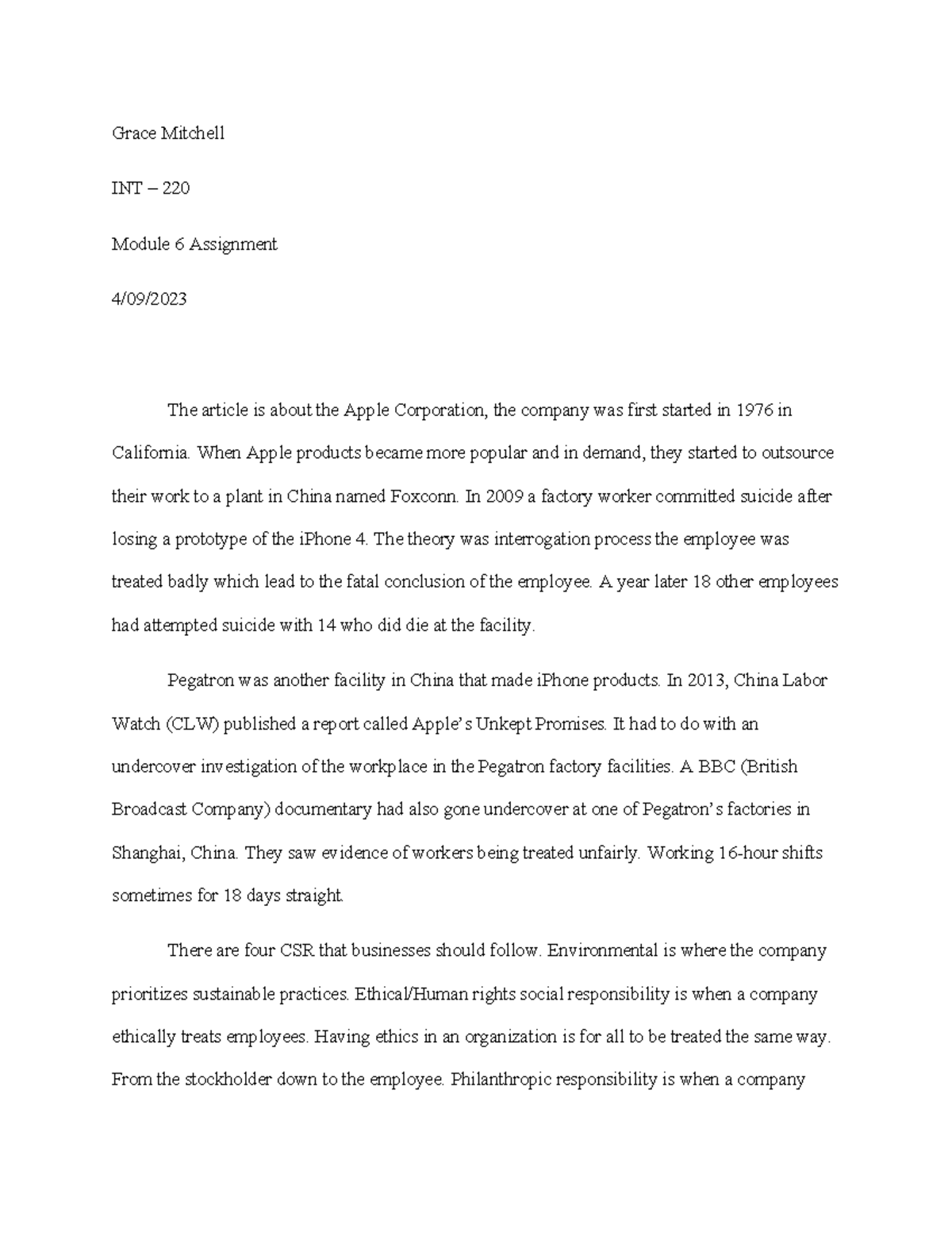 MOD 6 INT 220 - Mod 6 assignment about Apple Corporation - Grace ...