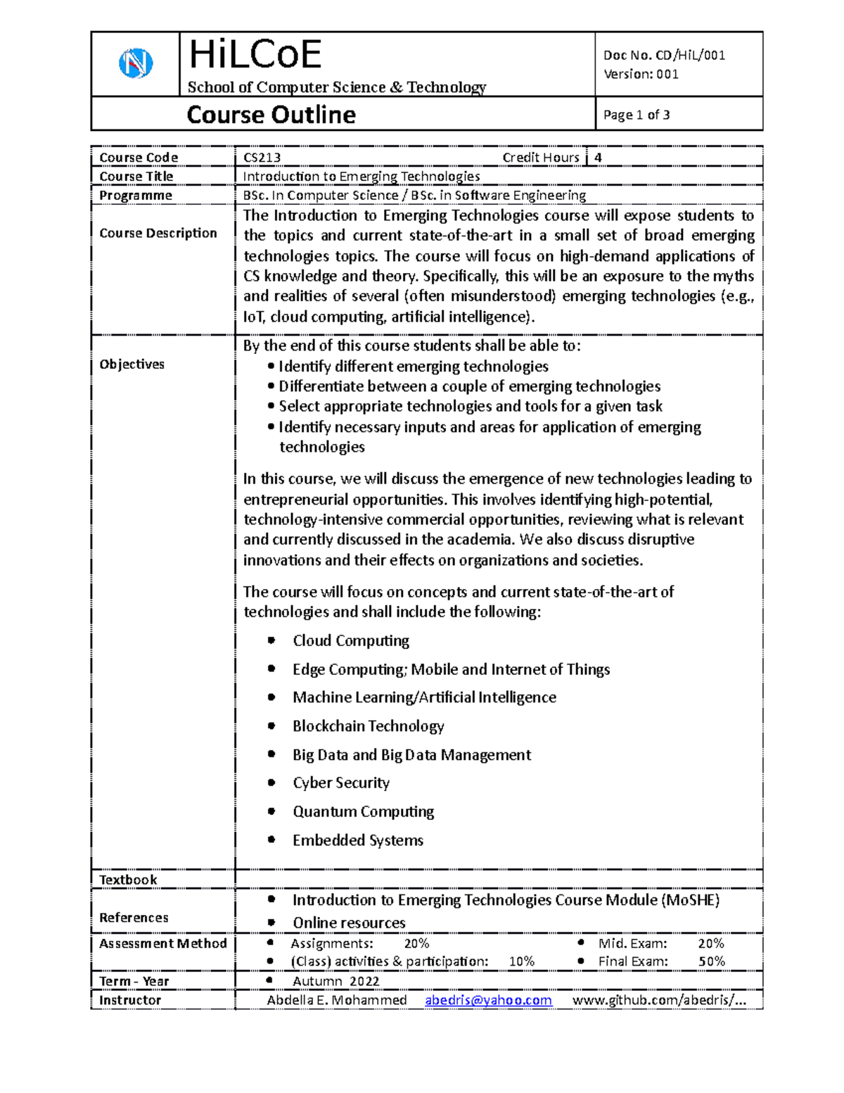 CS213-Introduction to Emerging Technologies Course Outline - HiLCoE ...