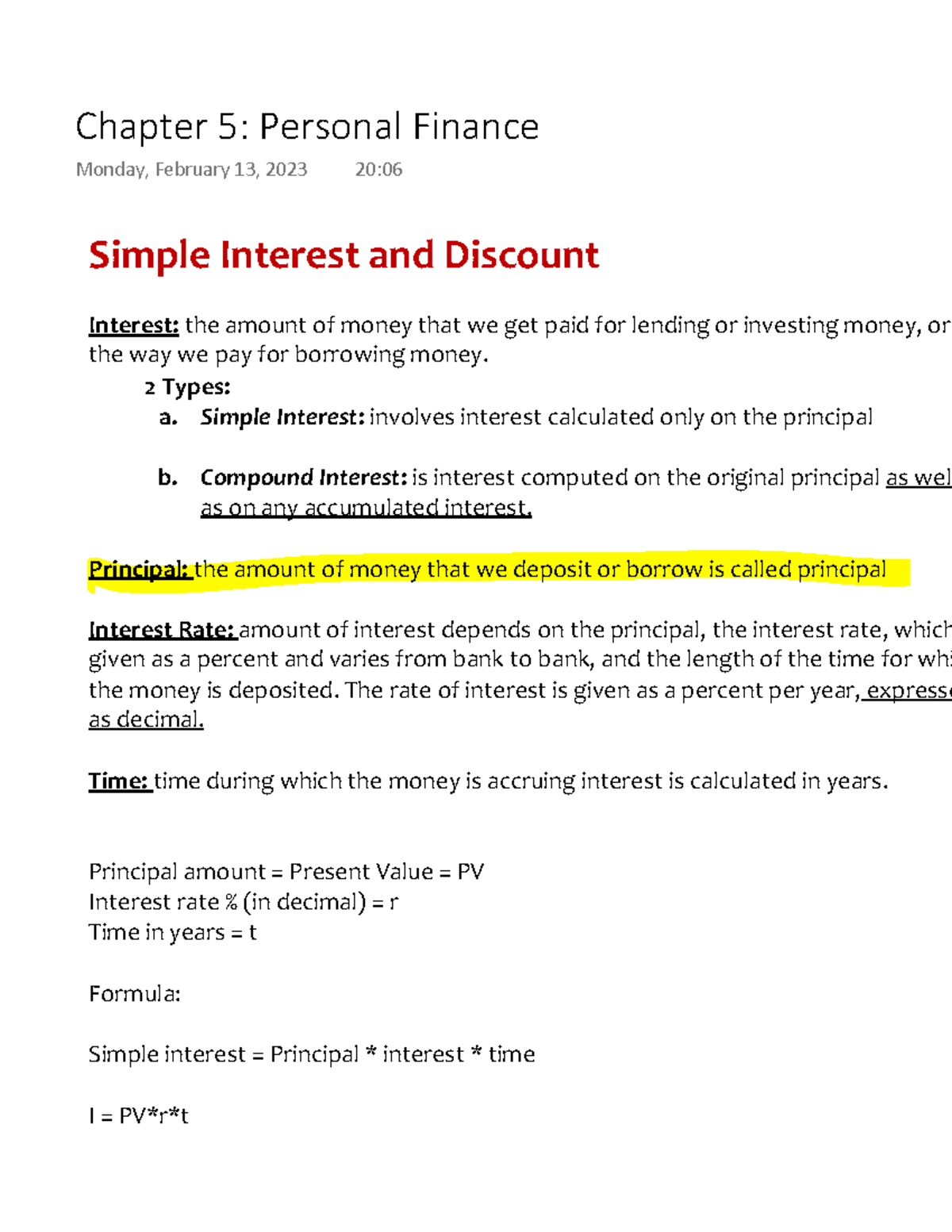 Chapter 5 Personal Finance - Simple Interest and Discount Interest: the ...