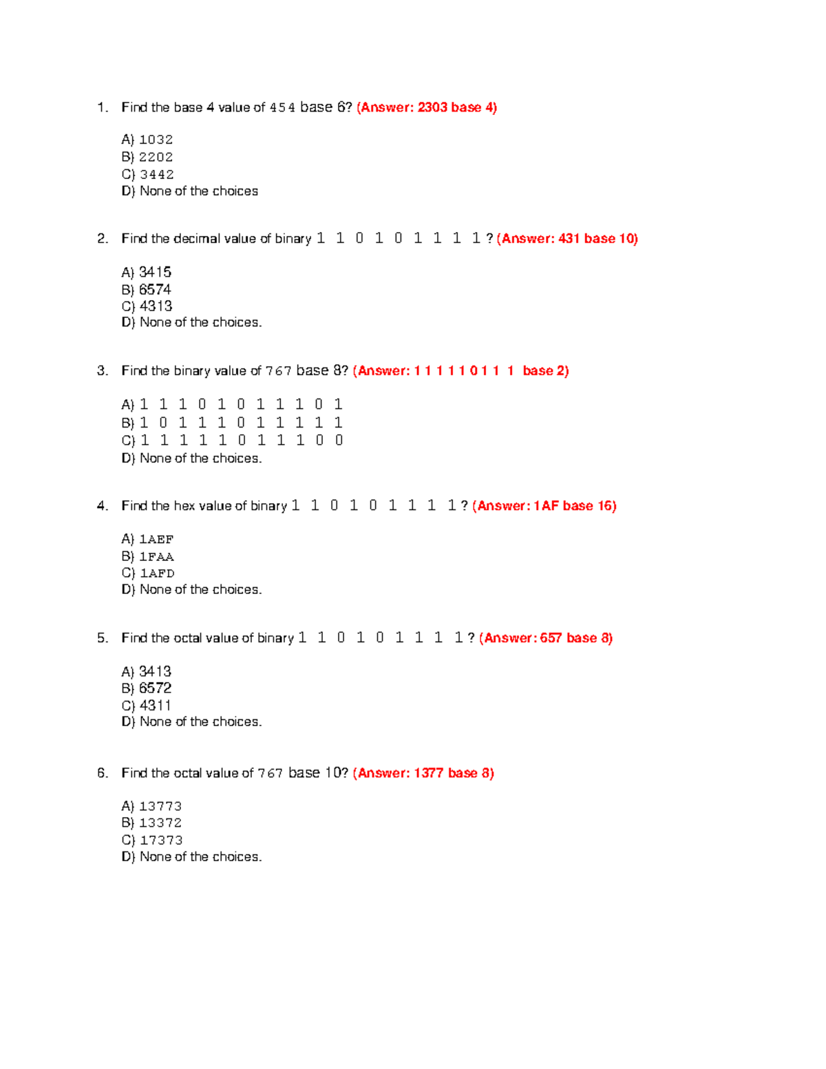 Number Conversion Exercises WITH Answer - 1. Find the base 4 value of ...