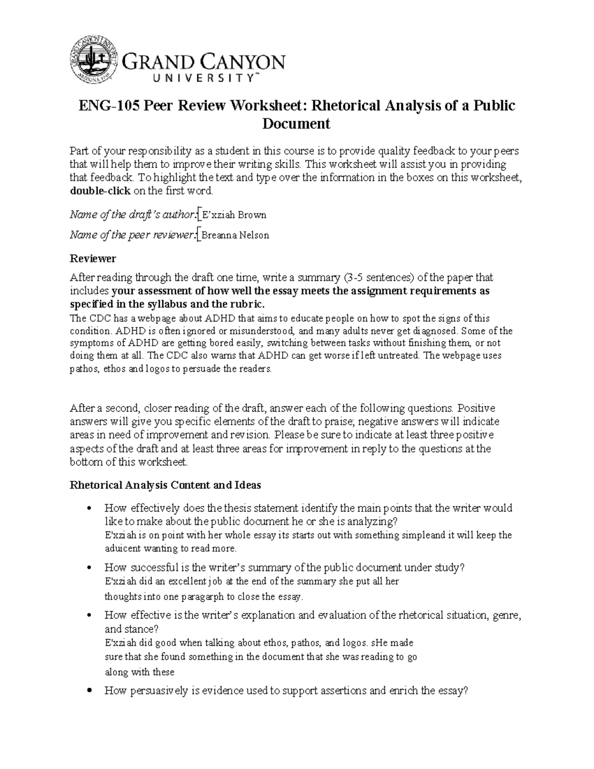 ENG-105-RS-Rhetorical Analysis Peer Review Worksheet Online - ENG-105 ...