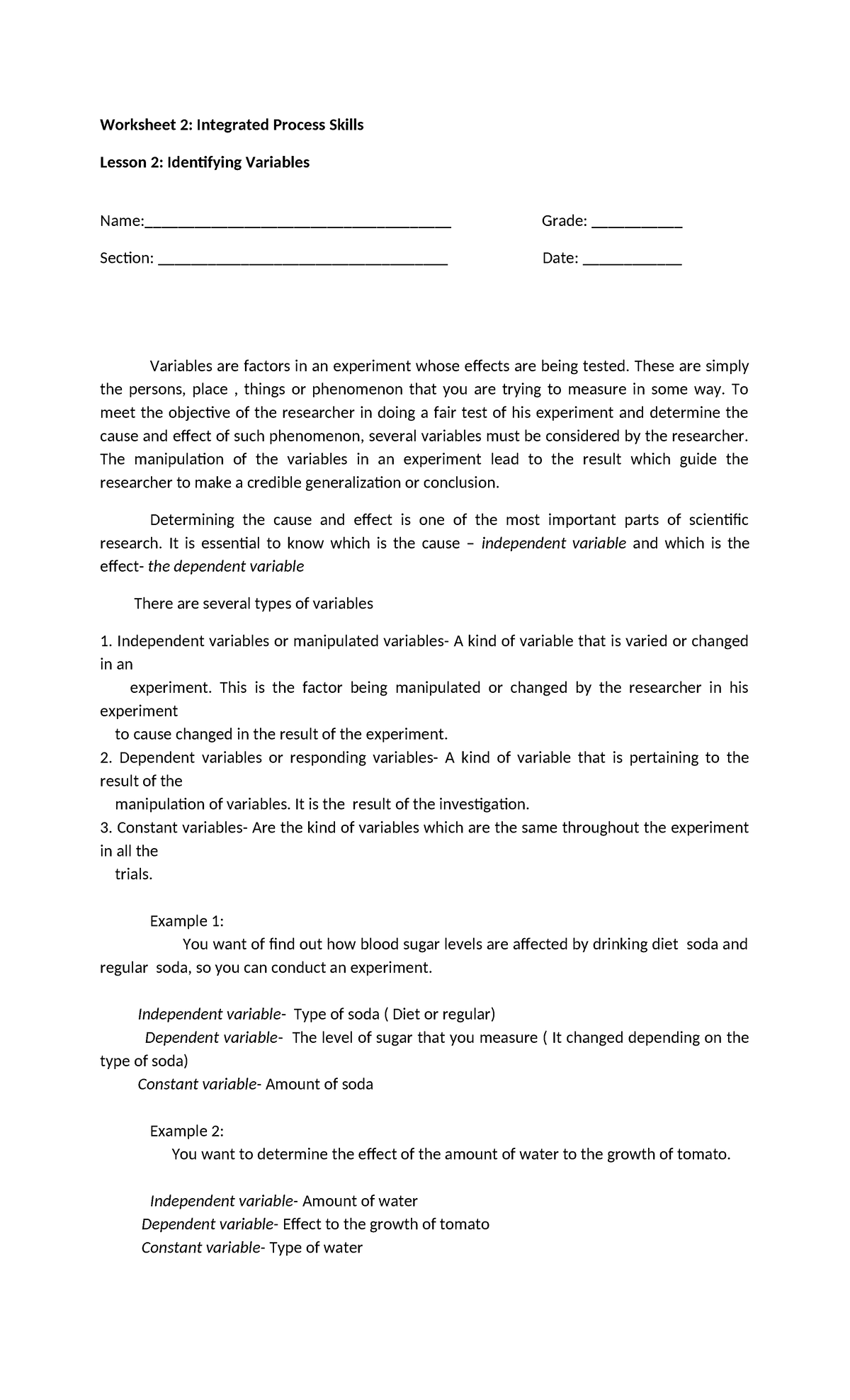 Worksheet 2 - Worksheet 2: Integrated Process Skills Lesson 2 ...