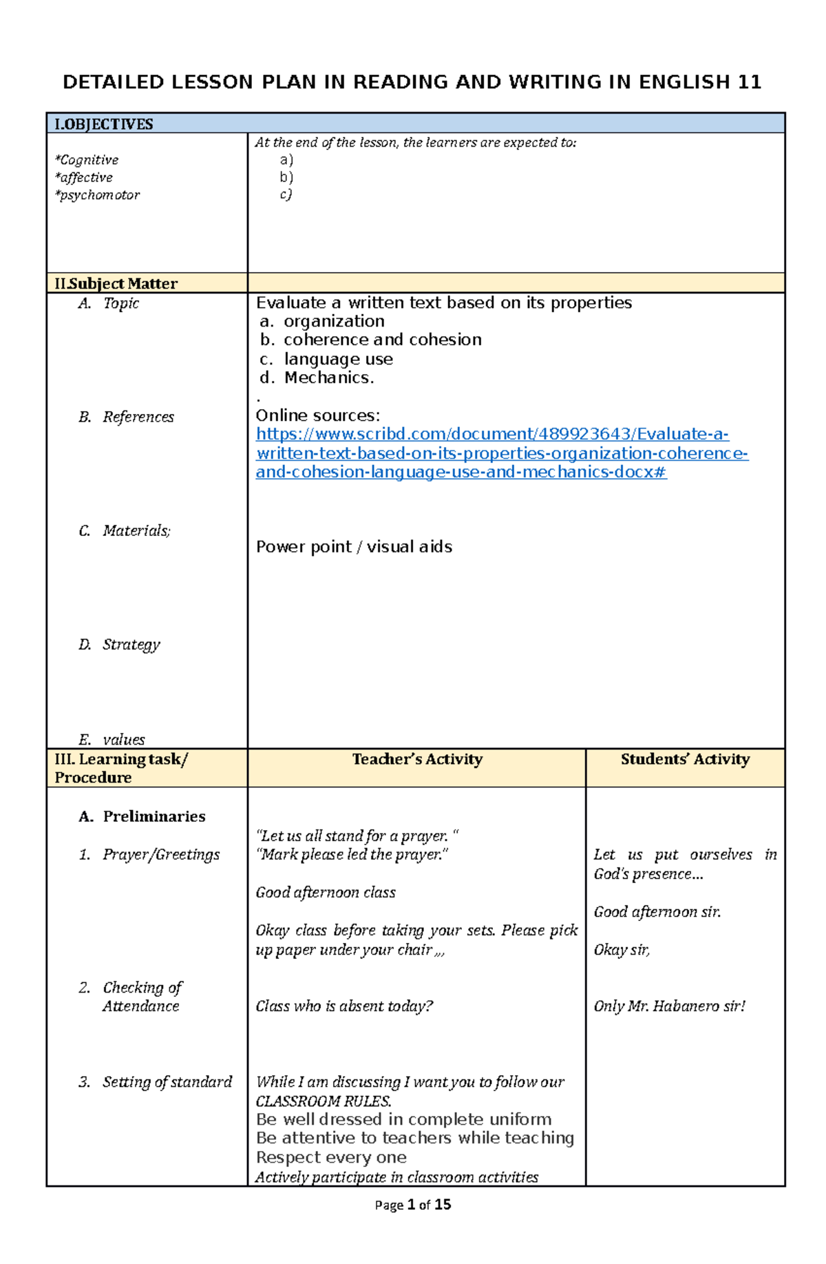 LP English 12 - lpsssgsxgtrxeet - DETAILED LESSON PLAN IN READING AND ...