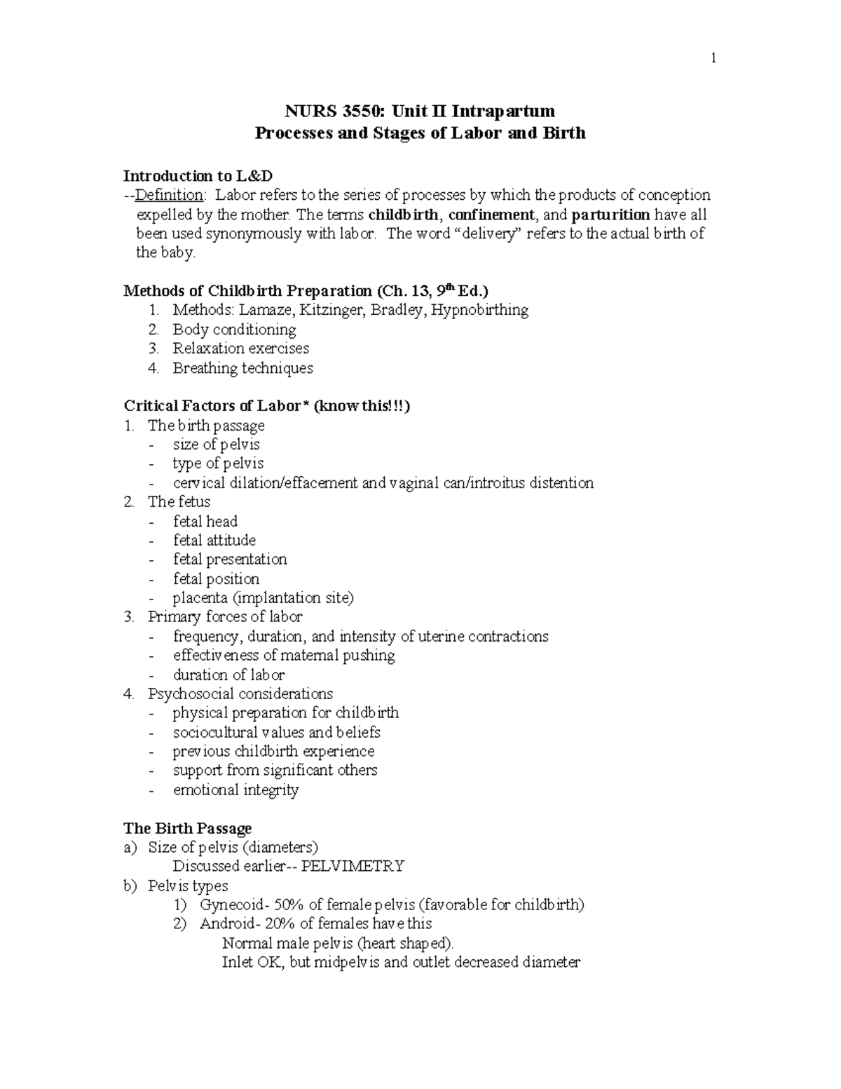 Processes and Stages of Labor and Birth - NURS 3550: Unit II ...