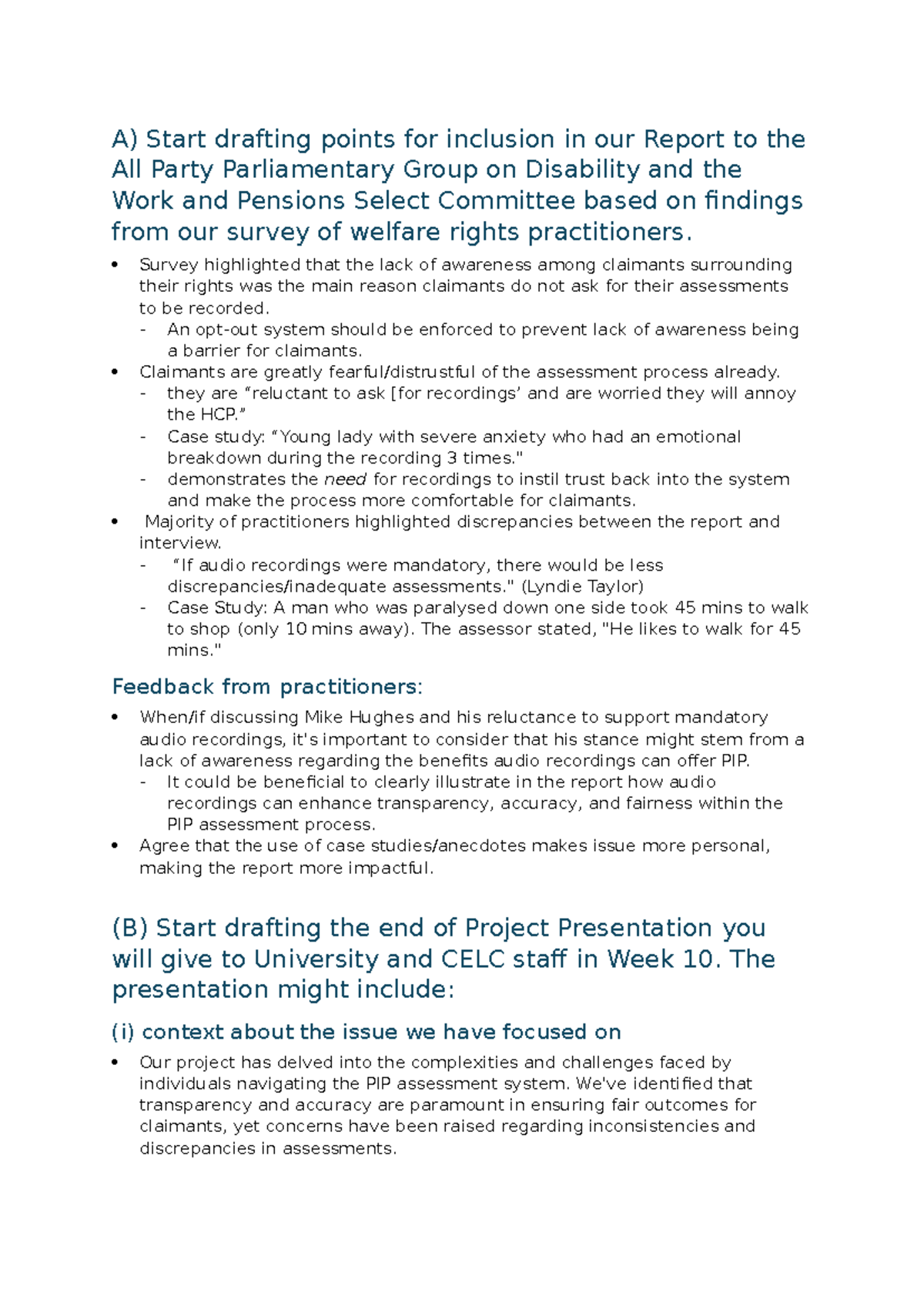 Drafting Research Findings - A) Start drafting points for inclusion in ...