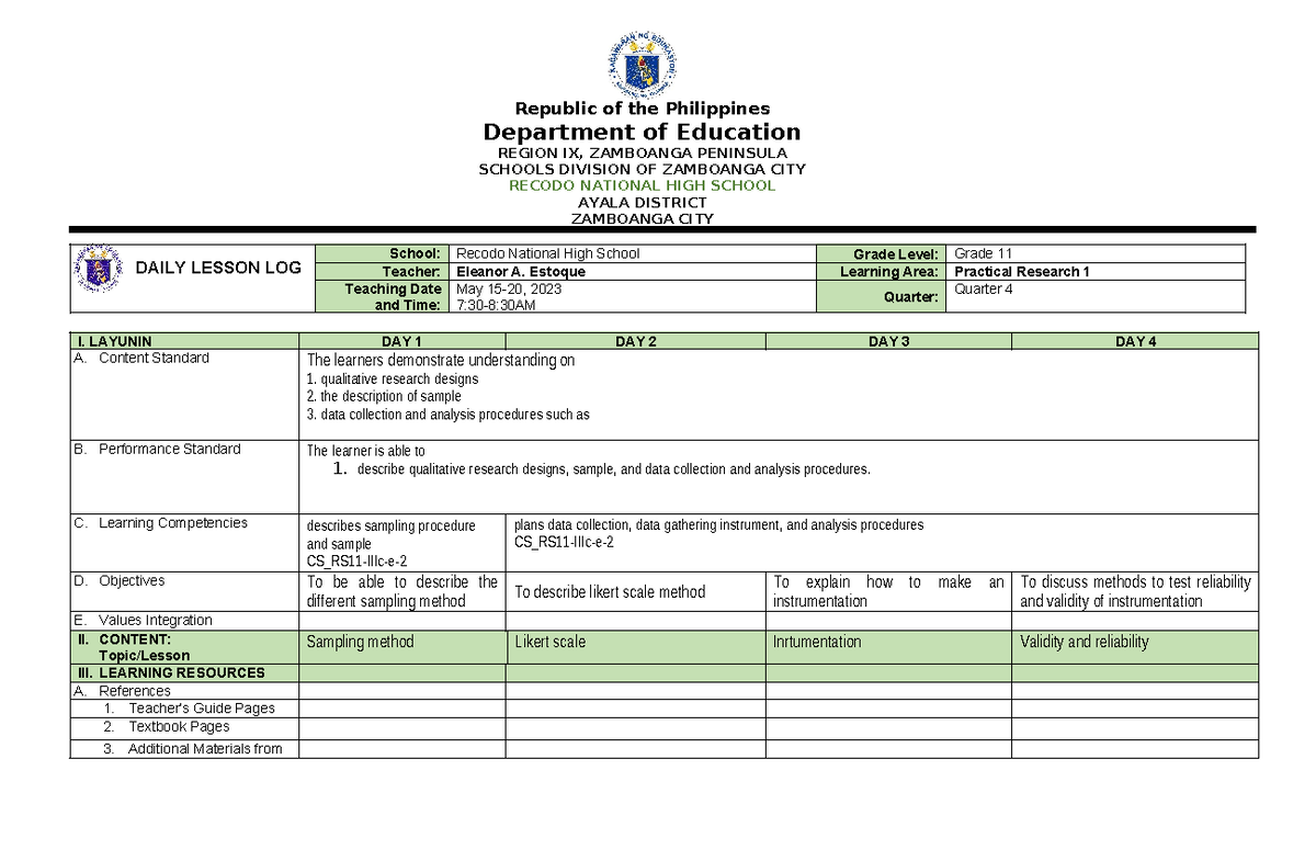 Daily Lesson Log - Republic of the Philippines Department of Education ...