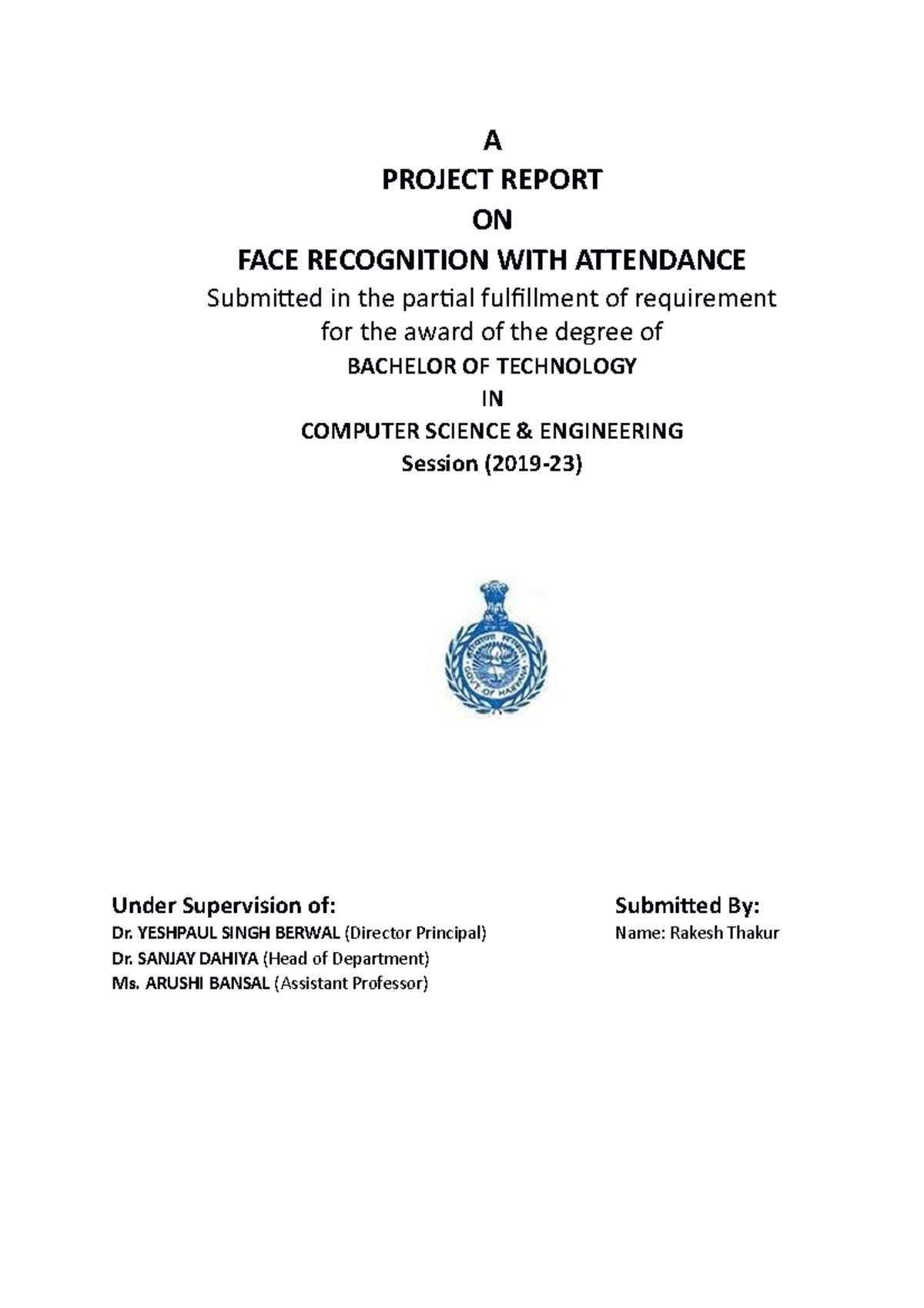 FACE Recognition my1 - project report using open cv - A PROJECT REPORT ON FACE RECOGNITION WITH ...