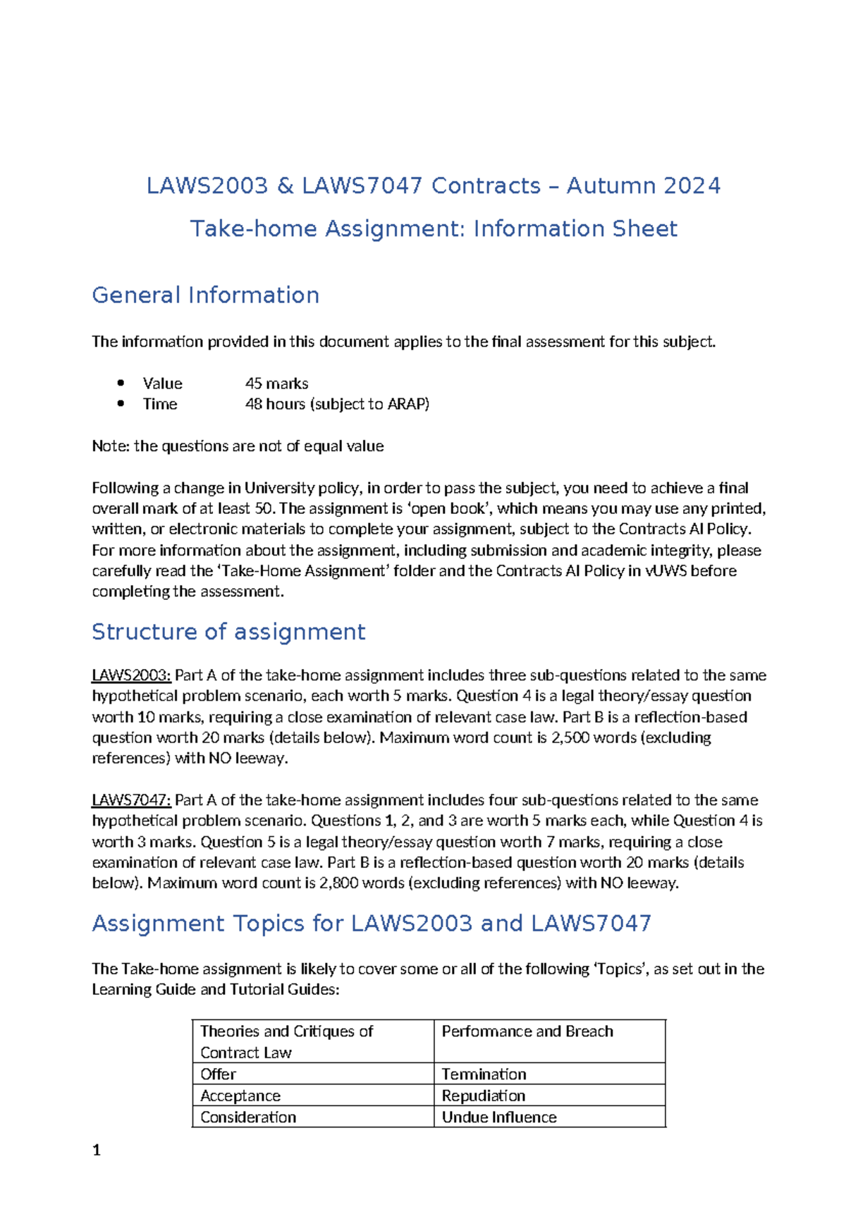 Assignment Information Sheet - LAWS2003 & LAWS7047 Contracts – Autumn ...