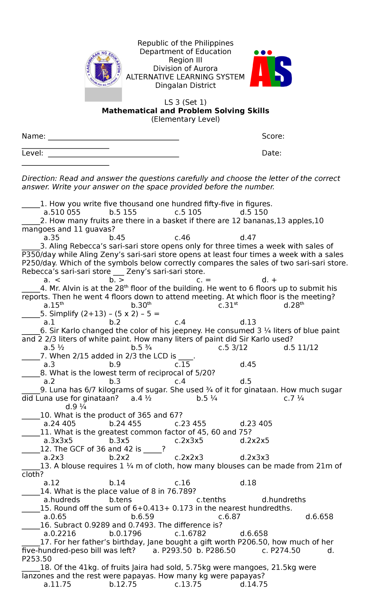 LS3 Set1 5 Romnick - Republic of the Philippines Department of ...