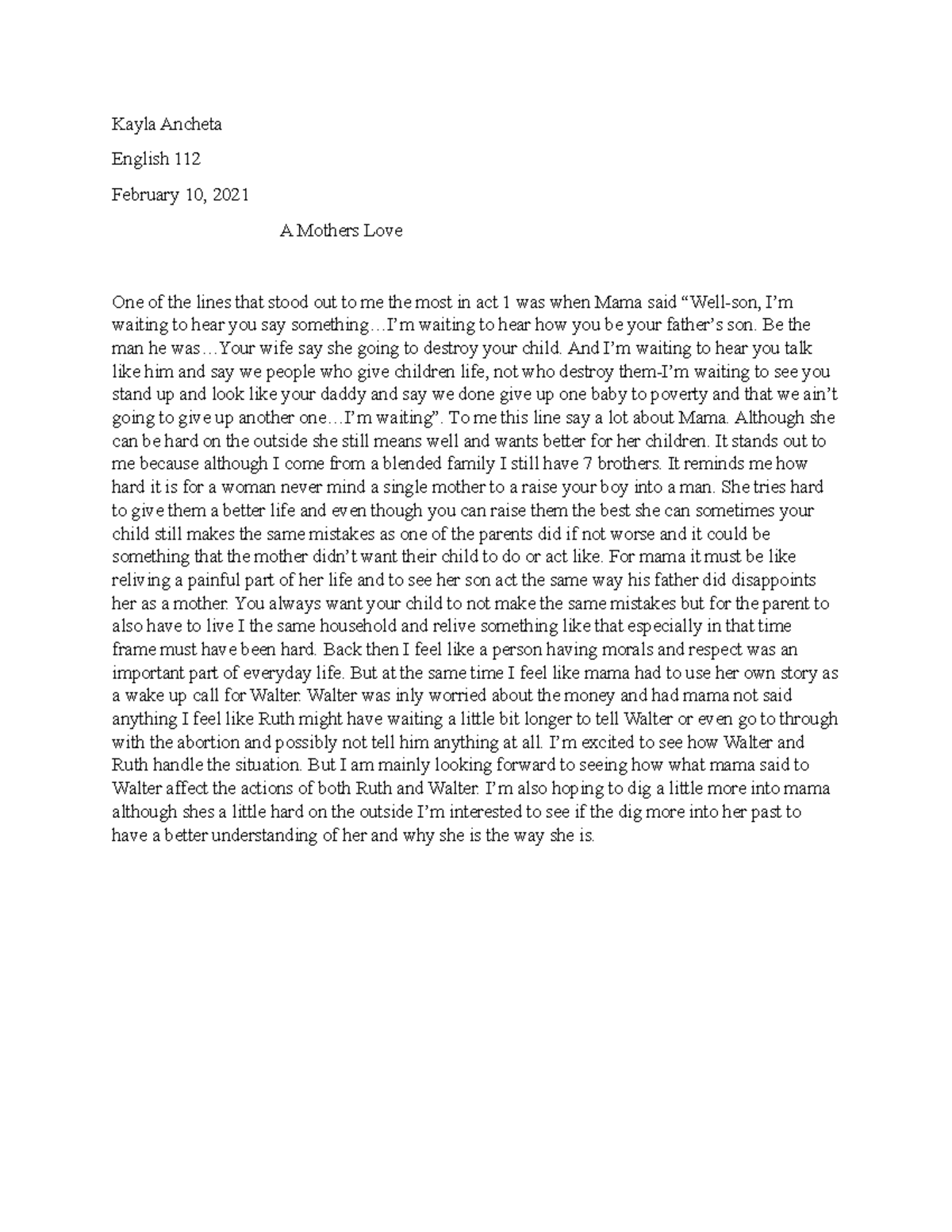 Homework 1 - a mothers love - Kayla Ancheta English 112 February 10 ...