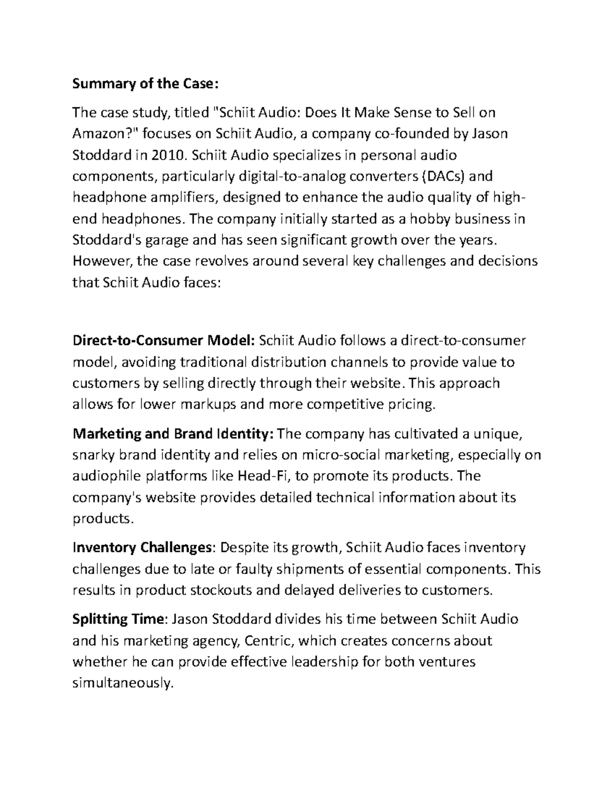MM Case study Schiit - Summary of the Case: The case study, titled ...