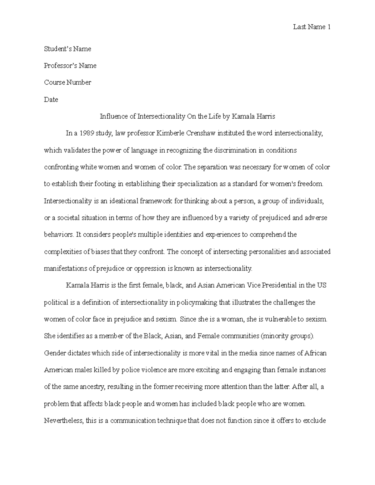 MLA Template for Essay - Last Name 1 Student’s Name Professor’s Name ...