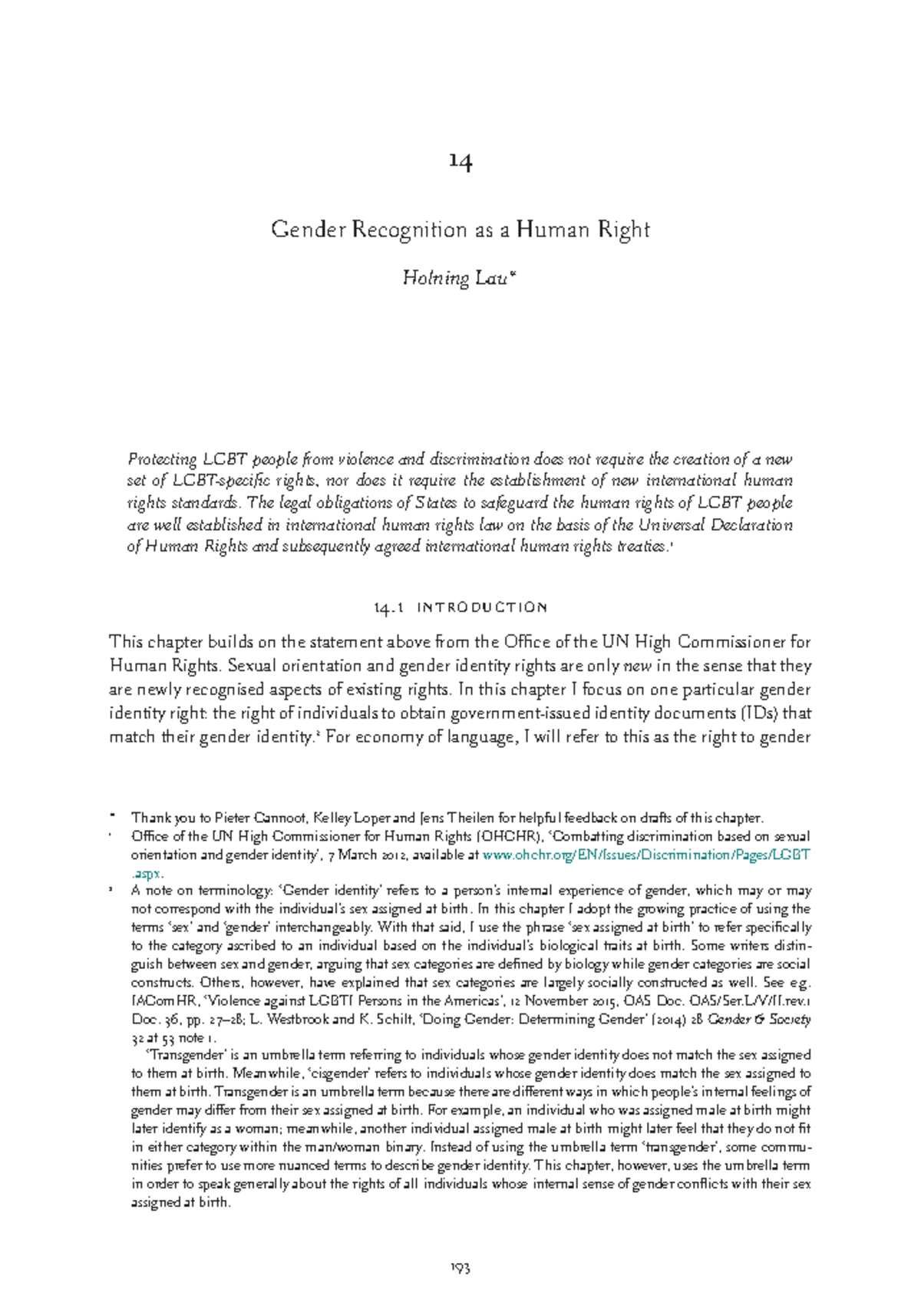 Lau (2020) Gender recognition as a human right - 193 14 Gender ...