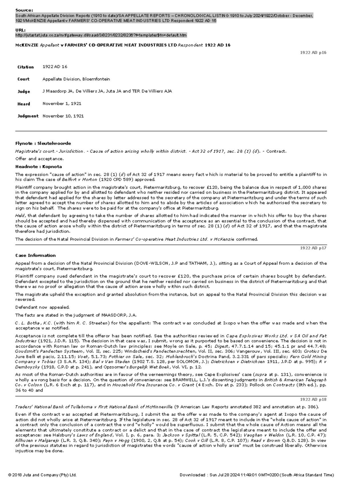 Mc Kenzie Appellant v Farmers' CO- Operative MEAT Industries LTD ...