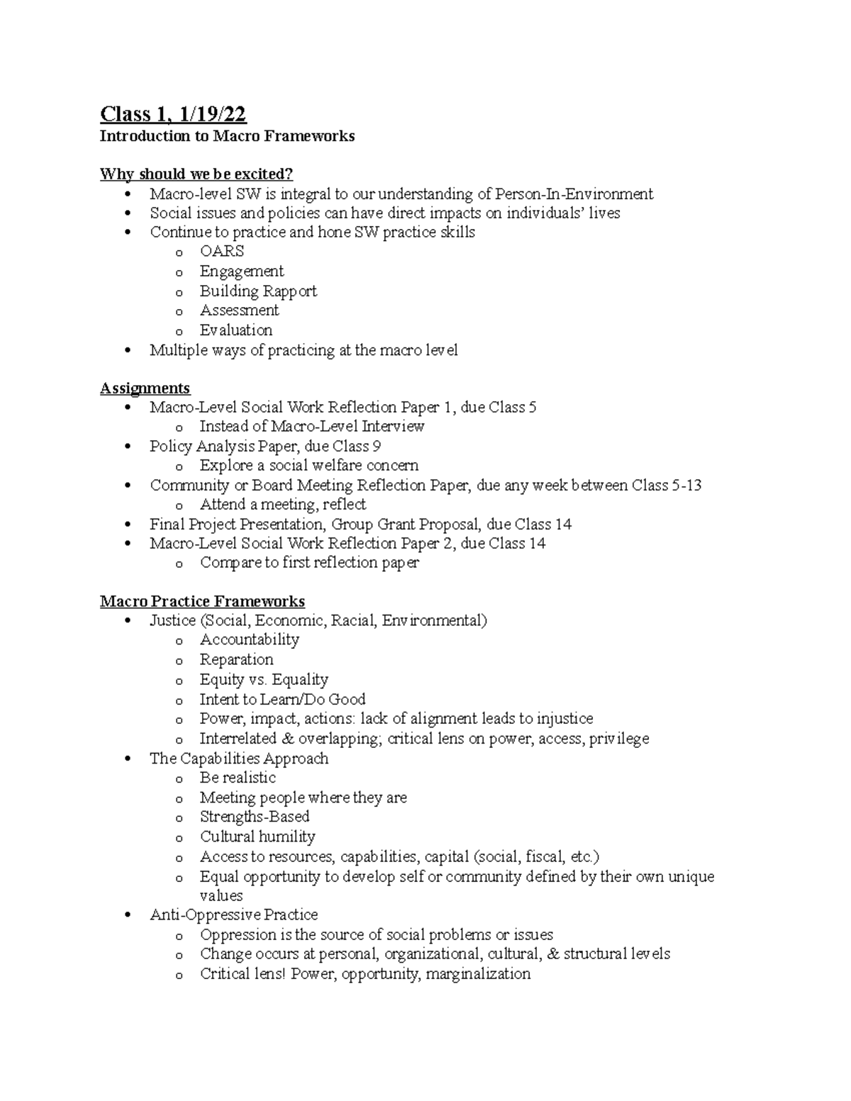 Social Work Policy, Weeks 1-3 - Class 1, 1/19/ Introduction to Macro ...