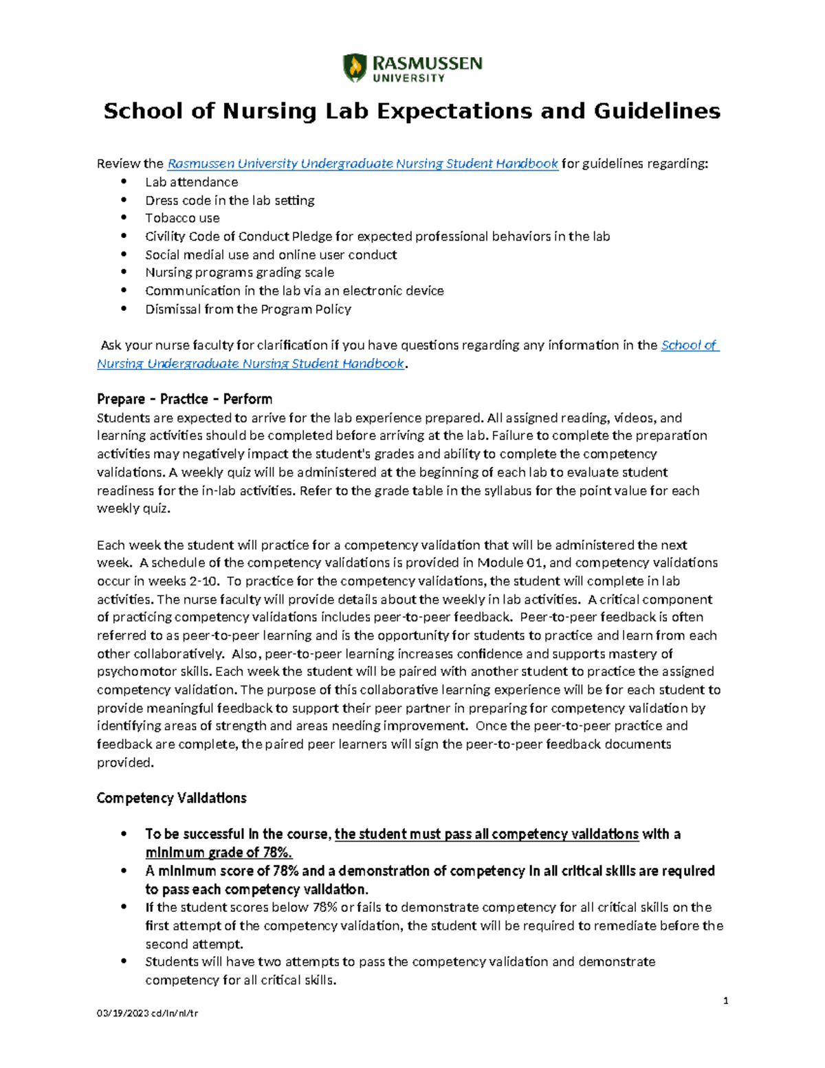 01Rasmussen Schoolof Nursing Lab Expectations 010224 - School of ...