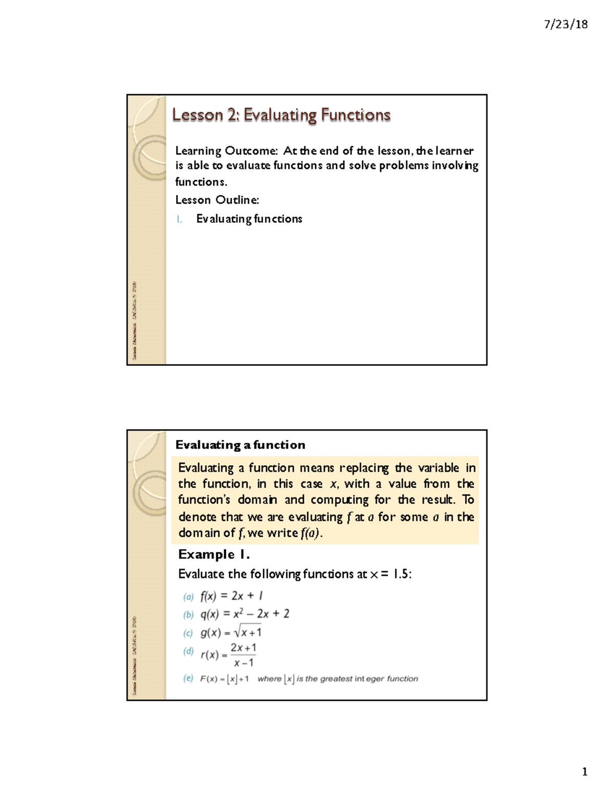 GM Lesson 2 3 - asdasdadada - Lesson 2: Evaluating FunctionsLesson 2 ...