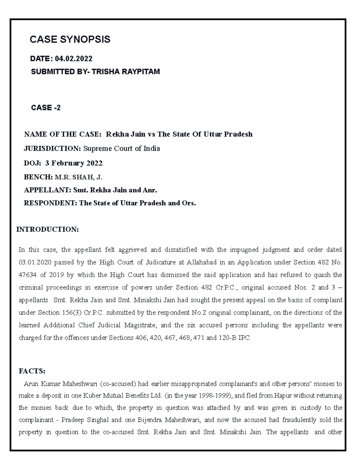 CASE Synopsis - Trisha Raypitam - CASE SYNOPSIS DATE: 04. SUBMITTED BY ...