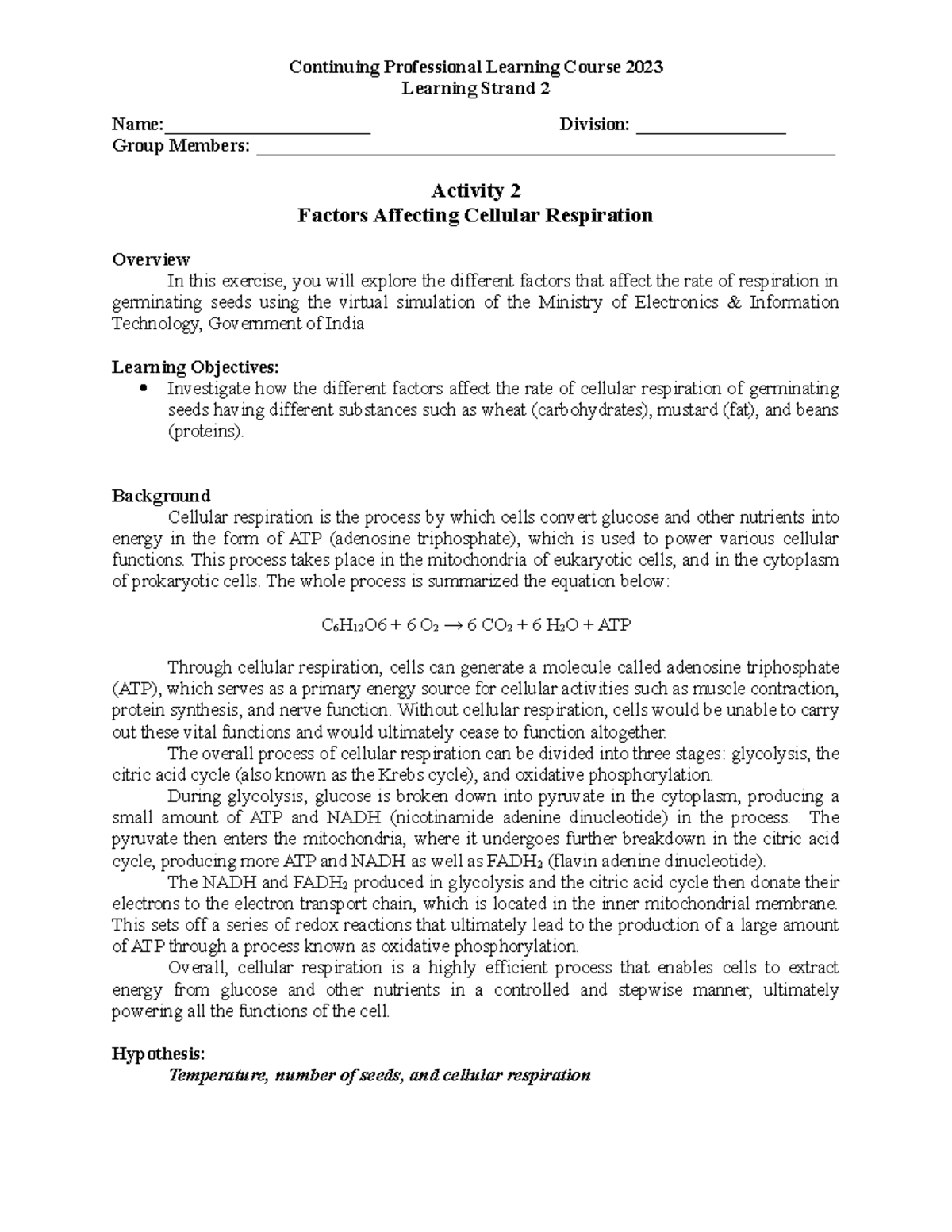 Cellular Respiration Activity Sheet - Learning Strand 2 Name ...