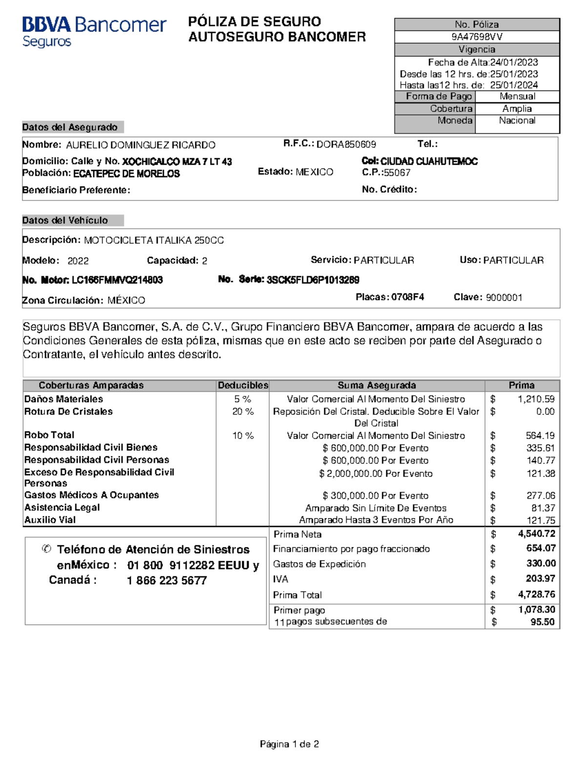 Poliza 15 - asad - Página 1 de 2 Datos del Asegurado PÓLIZA DE SEGURO ...
