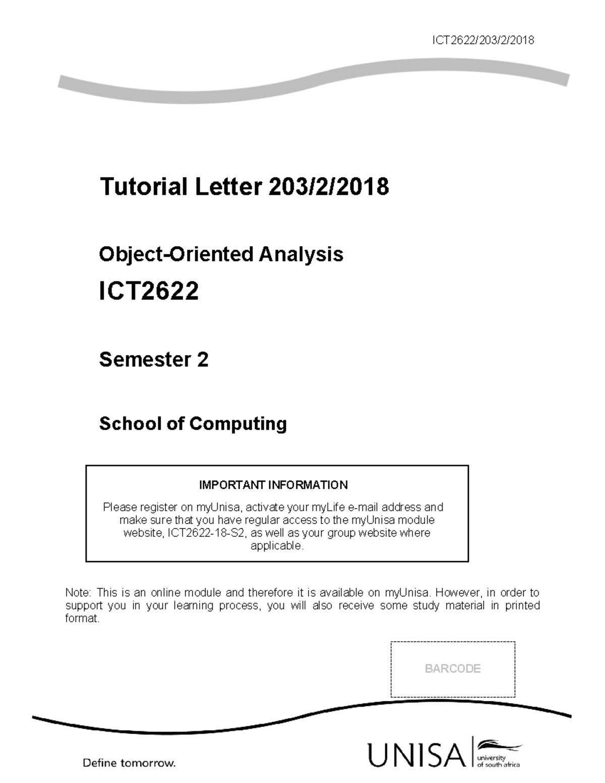 2018 Assessment 2 Solutions - ICT2622/203/2/ Tutorial Letter 203/2/ Object-Oriented Analysis ICT ...