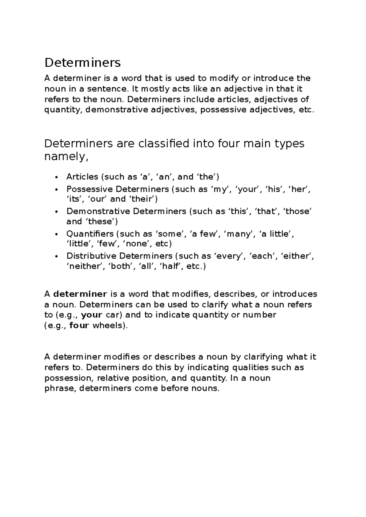Determiners - Summary English in context - Determiners A determiner is ...
