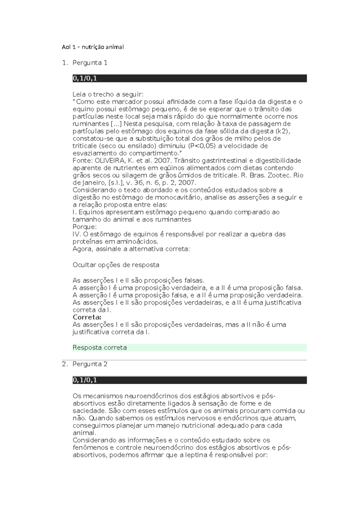 Aol 1 nutrição animal - Aol 1 – nutrição animal Pergunta 1 0,1/0, Leia ...