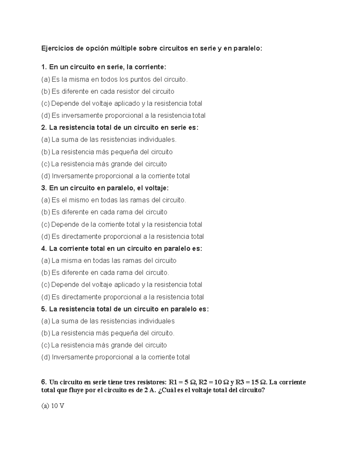 Ejercicios de opción múltiple sobre circuitos en serie y en paralelo ...