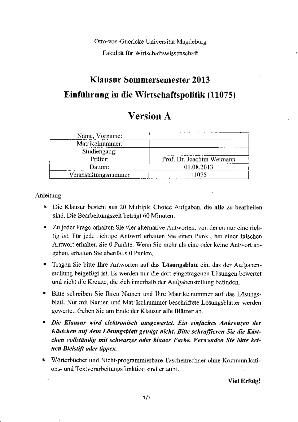 Klausur Sommersemester 2013, Fragen - Otto—von-Guericke-Universitéit Magdeburg F akultéit ﬁjr ...
