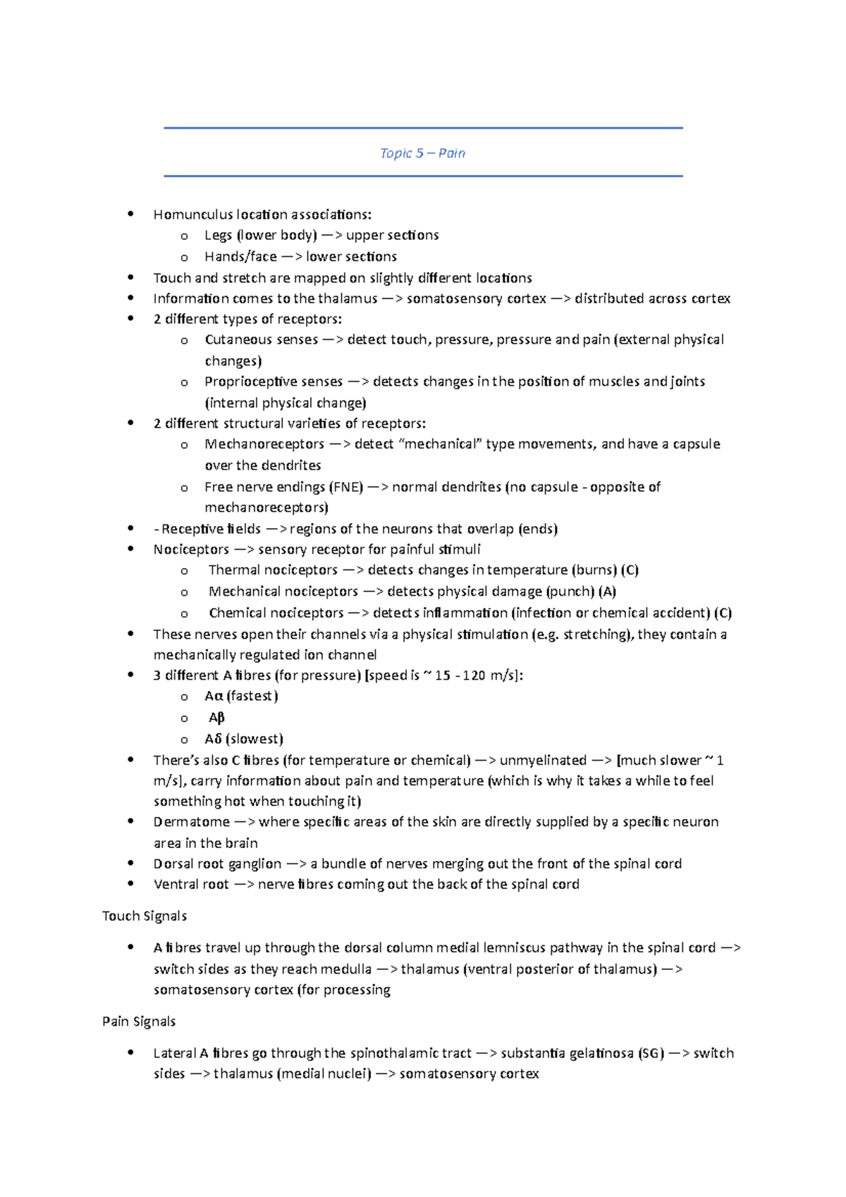 Topic 5 - Lecture notes 5 - Topic 5 – Pain Homunculus location ...