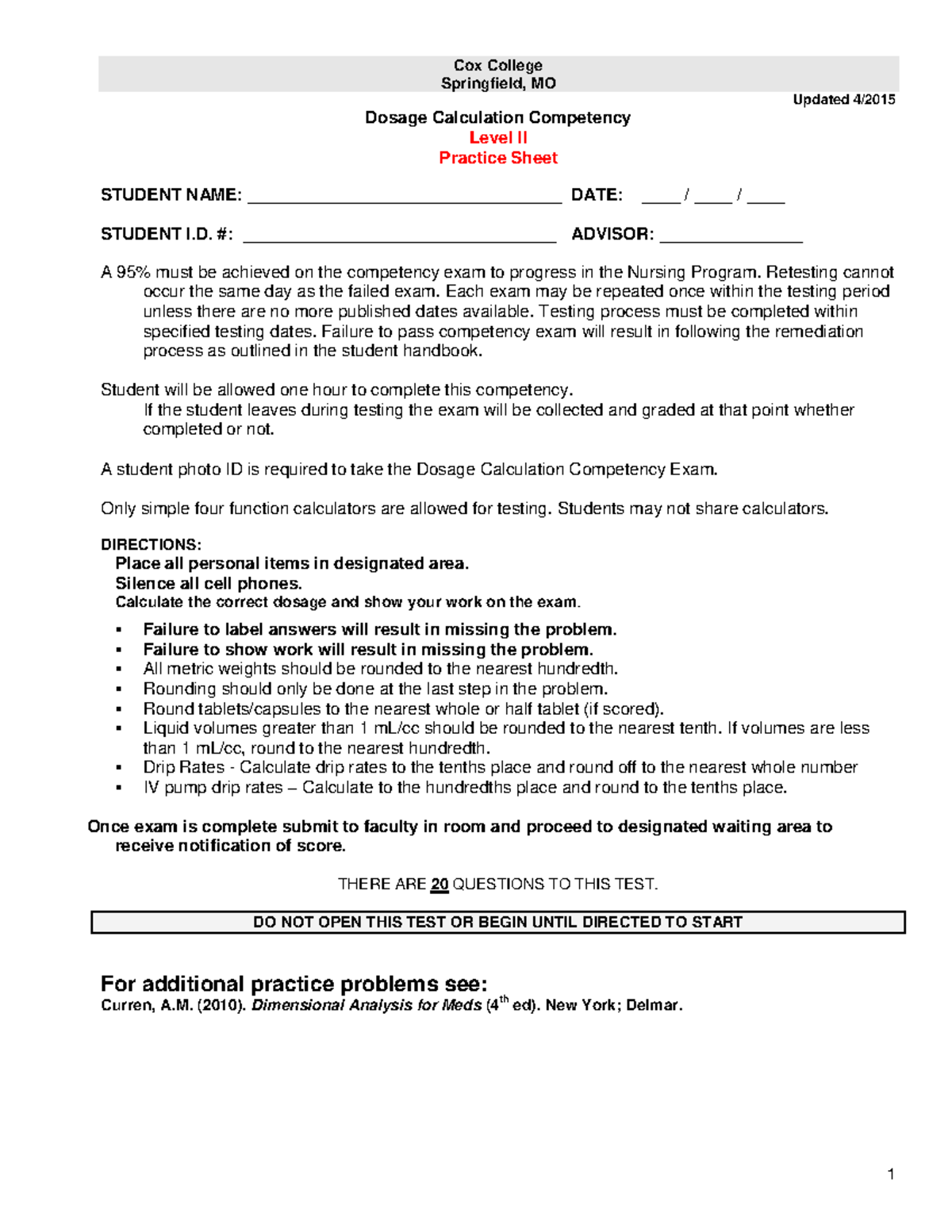 Dosage Calculation Competency Level II Practice Sheet - Studocu