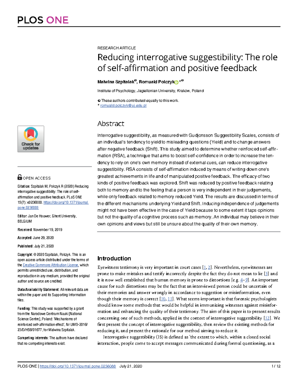 Reducing interrogative suggestibility The role of - RESEARCH ARTICLE ...