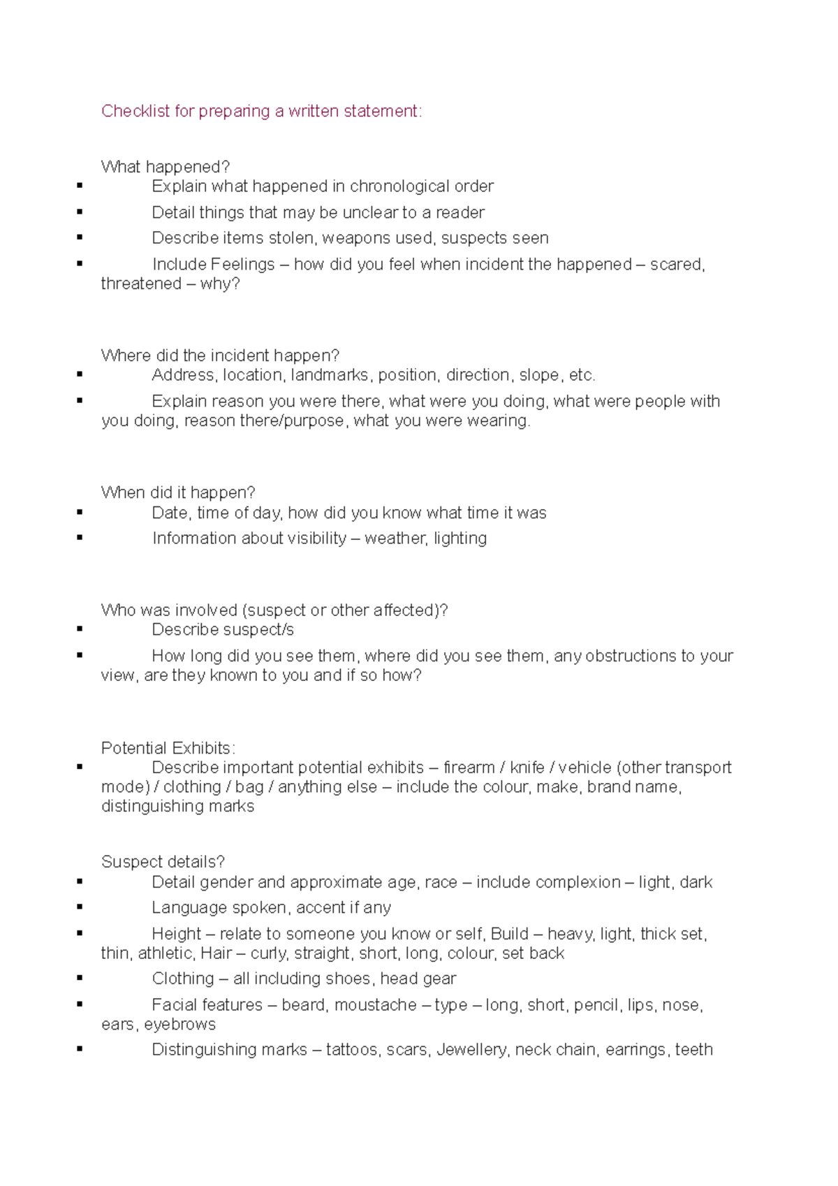Checklist for preparing a written statement - Explain reason you were ...