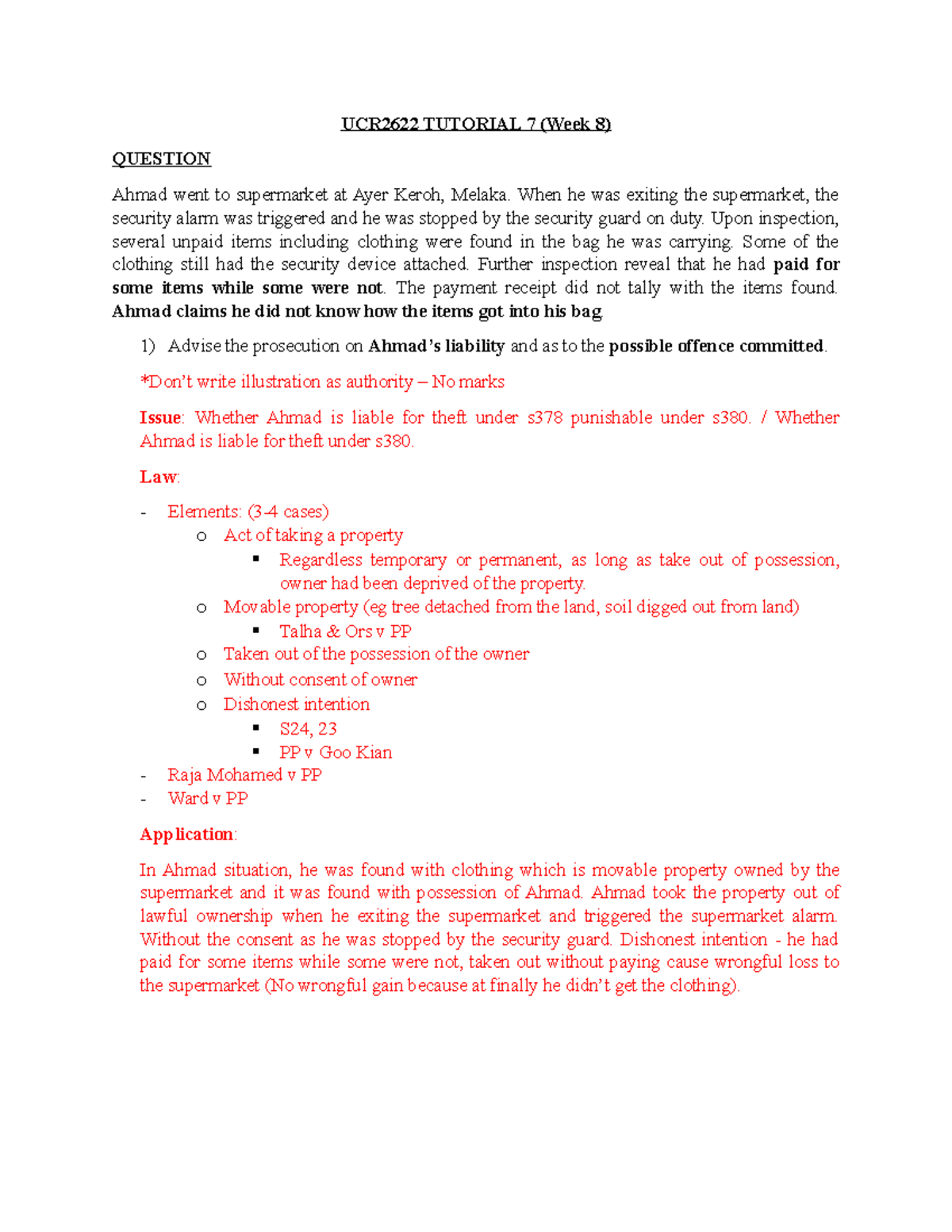 Tutorial 7 (done) - 1) Advise the prosecution on Ahmad’s liability and as to the possible ...