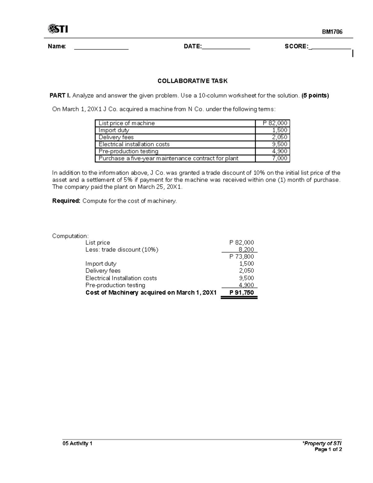 5 Activity 1 - *** - BM Name: ________________ DATE: SCORE ...