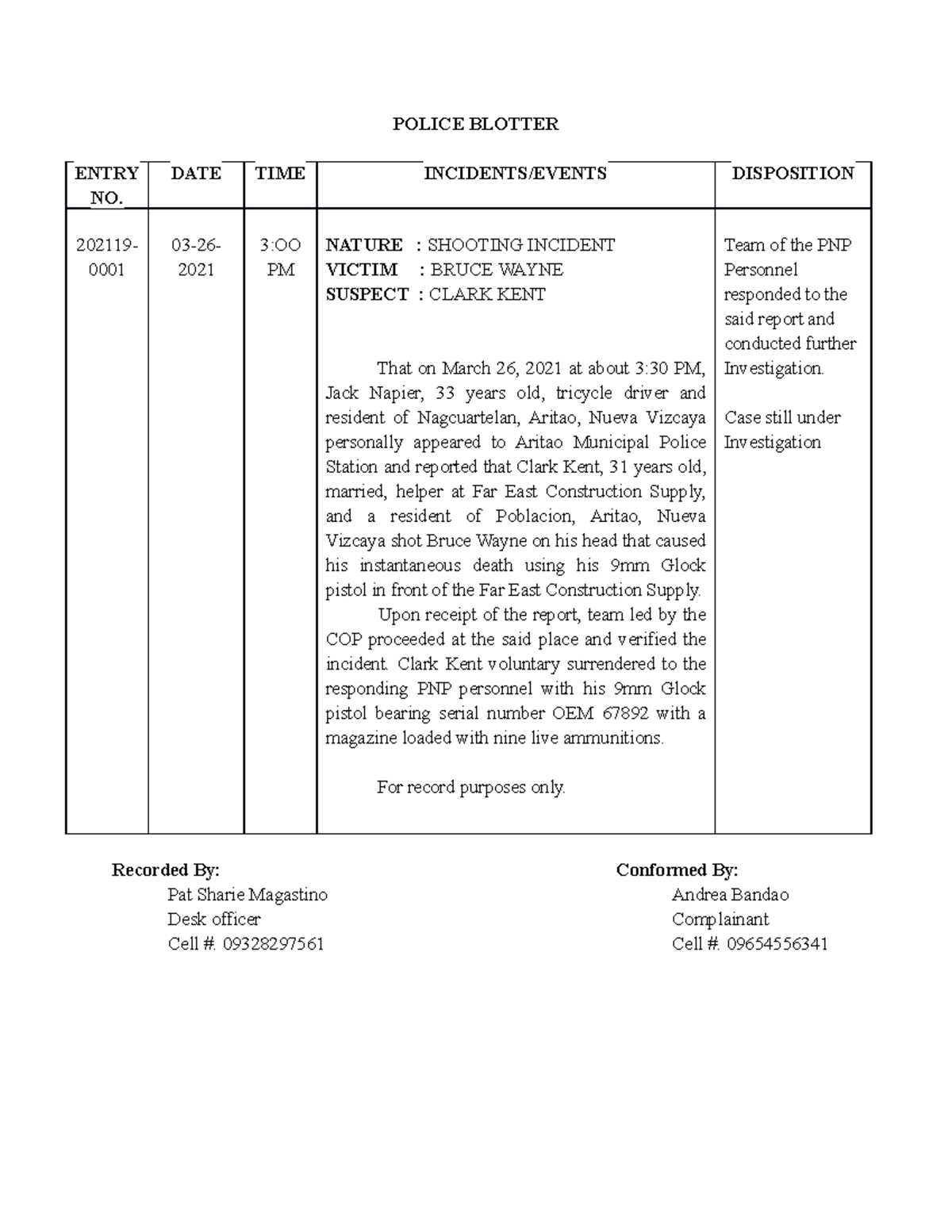 Police Blotter - mandatory assignment - POLICE BLOTTER ENTRY NO. DATE ...