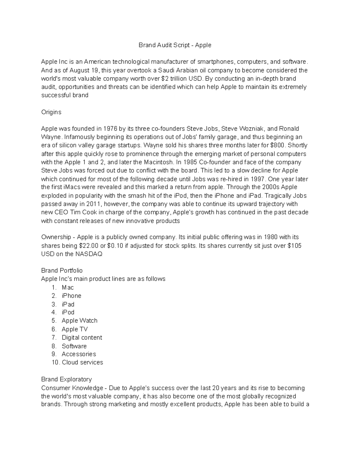 Brand Audit Script - Apple - Brand Audit Script - Apple Apple Inc is an ...