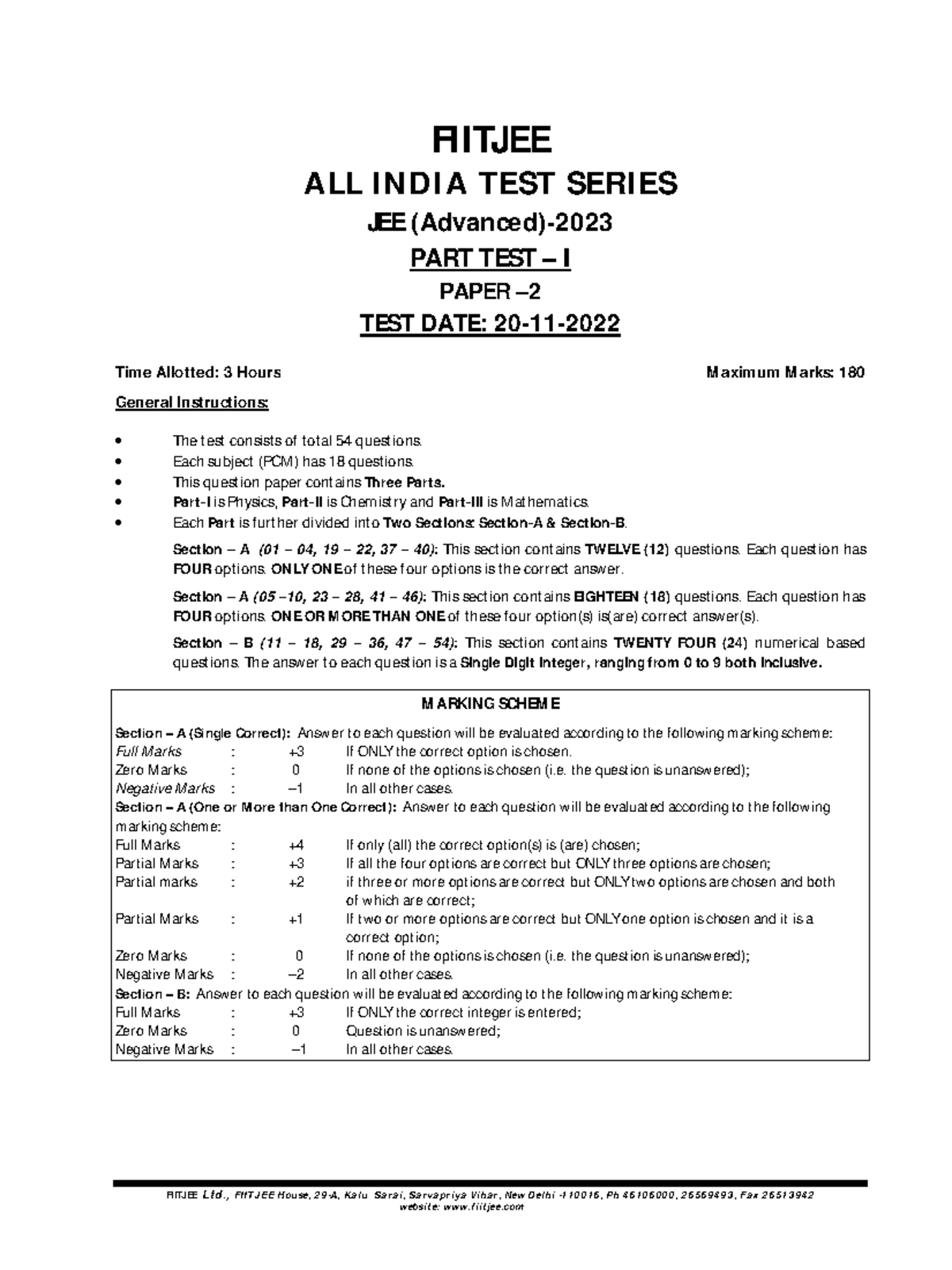 AITS 2223 PT I JEEA TD Paper 2 - FIITJEE Lt d., FIIT JEE House, 29-A ...