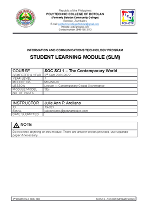 SOC SCI 1 - WK 10 - SOCIAL SCIENCE MODULE 1 - Republic of the Philippines POLYTECHNIC COLLEGE OF ...