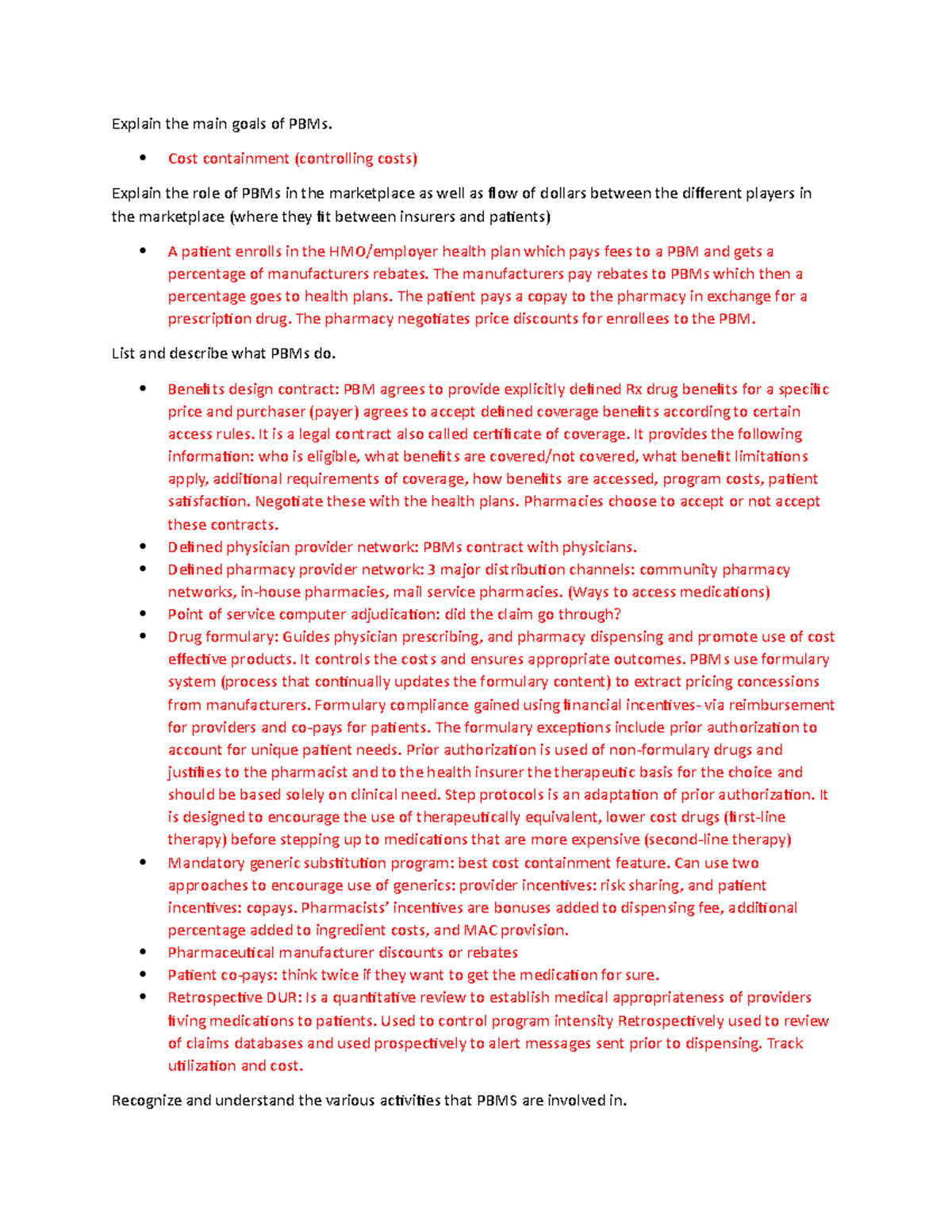 Management Notes exam 3 - Explain the main goals of PBMs. Cost ...