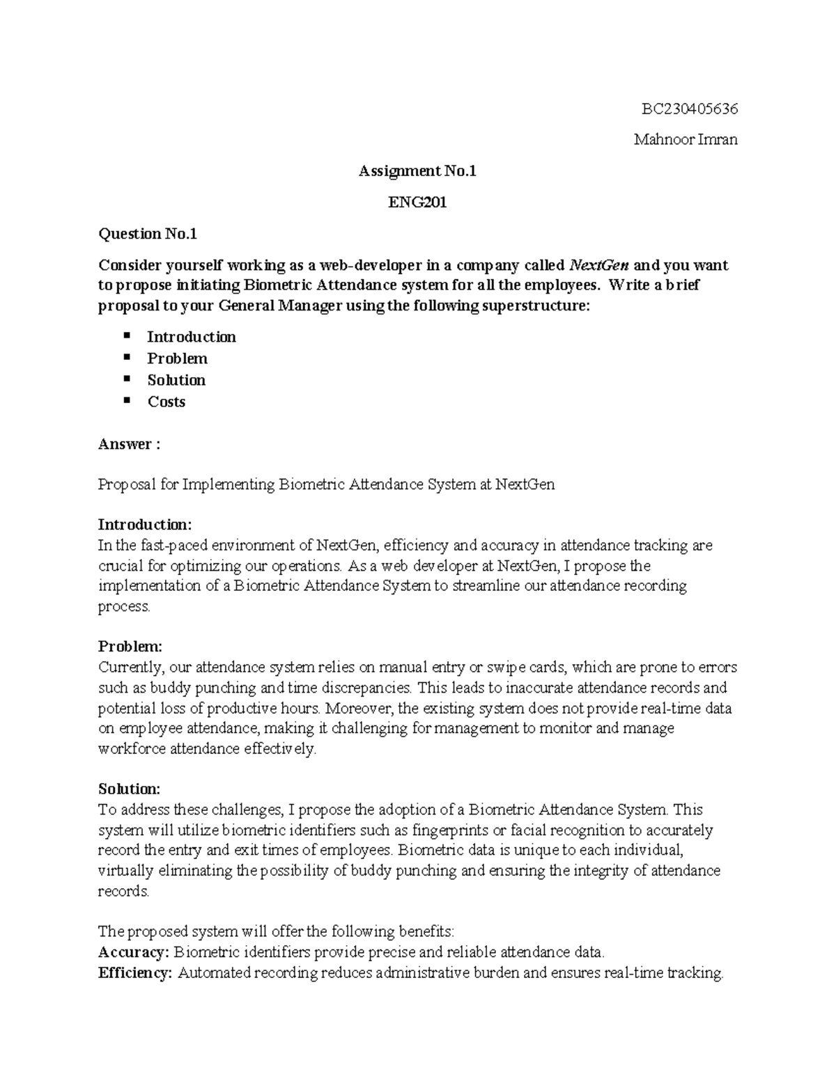 Assignment eng201 - BC Mahnoor Imran Assignment No. ENG Question No. Consider yourself working ...