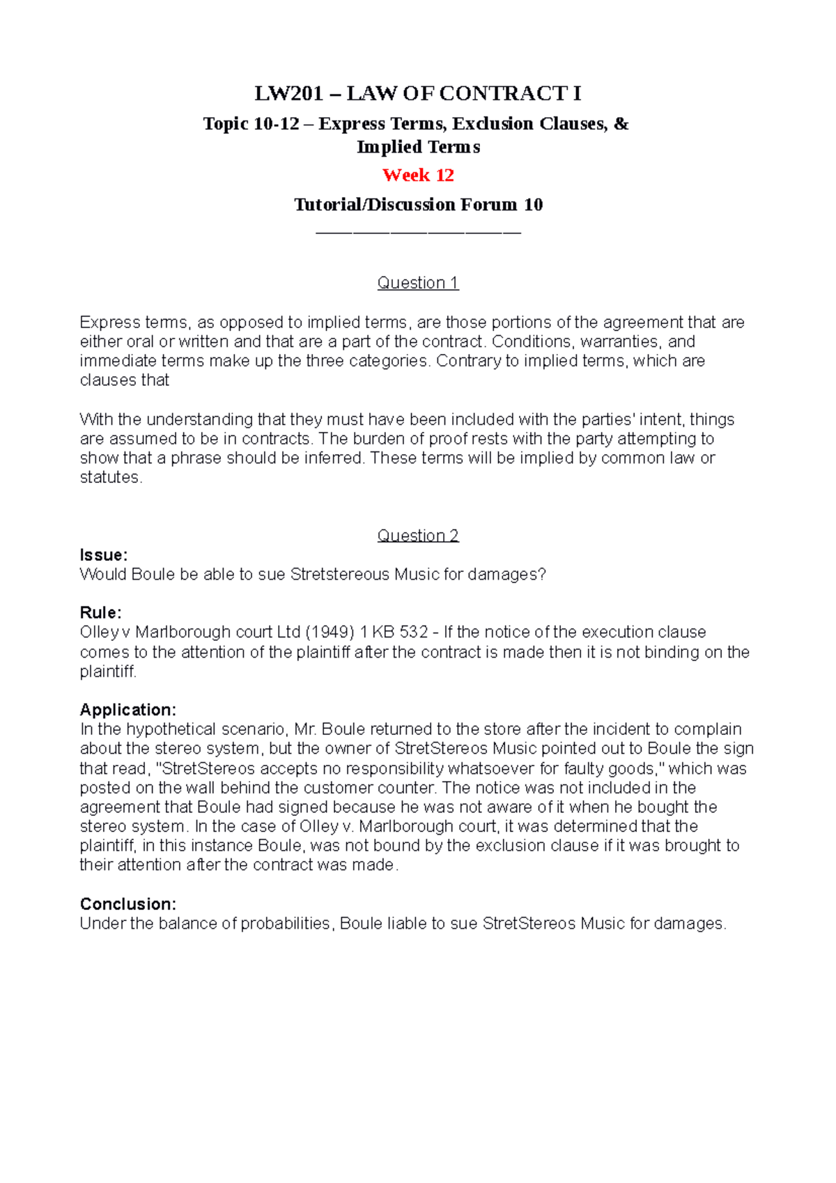 Lw201 Tutorial 10 week 12 - LW201 – LAW OF CONTRACT I Topic 10-12 – Express Terms, Exclusion ...