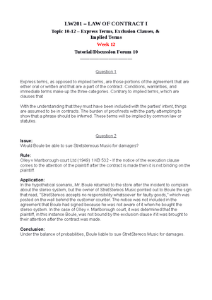 LW201 Tutorial 4 - LW201 – Law of Contract I QUESTION 1: Please read ...