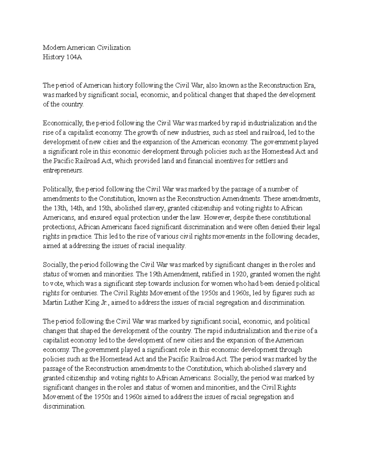 Reconstruction Era notes - Modern American Civilization History 104A ...