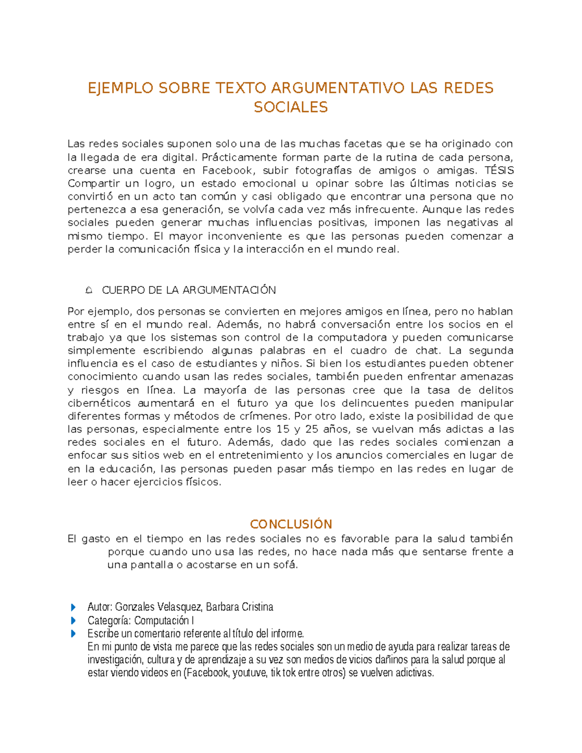 Ejemplo Sobre Texto Argumentativo LAS Redes Sociales - Barbara Gonzales ...