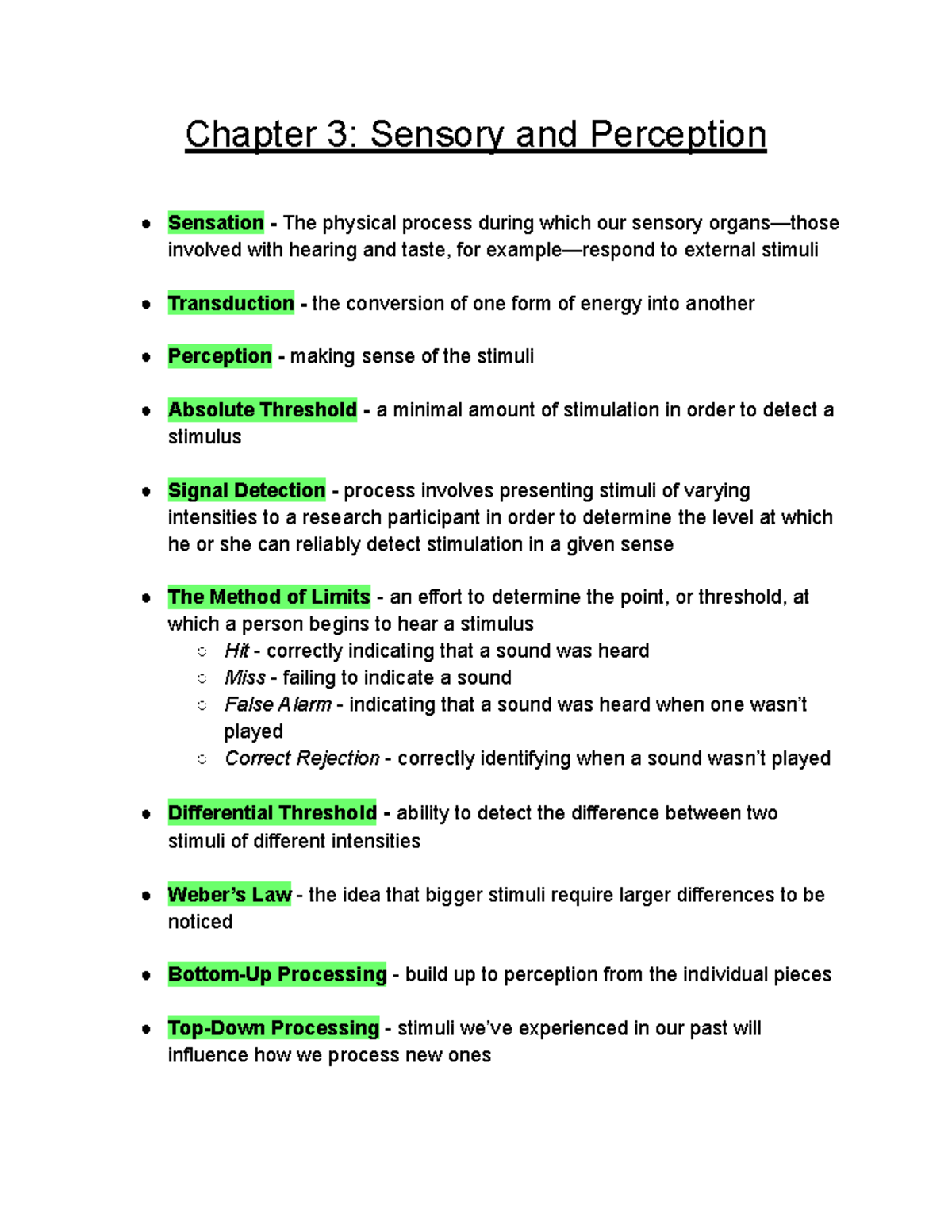 Chapter 3 - Chapter 3: Sensory and Perception Sensation - The physical ...
